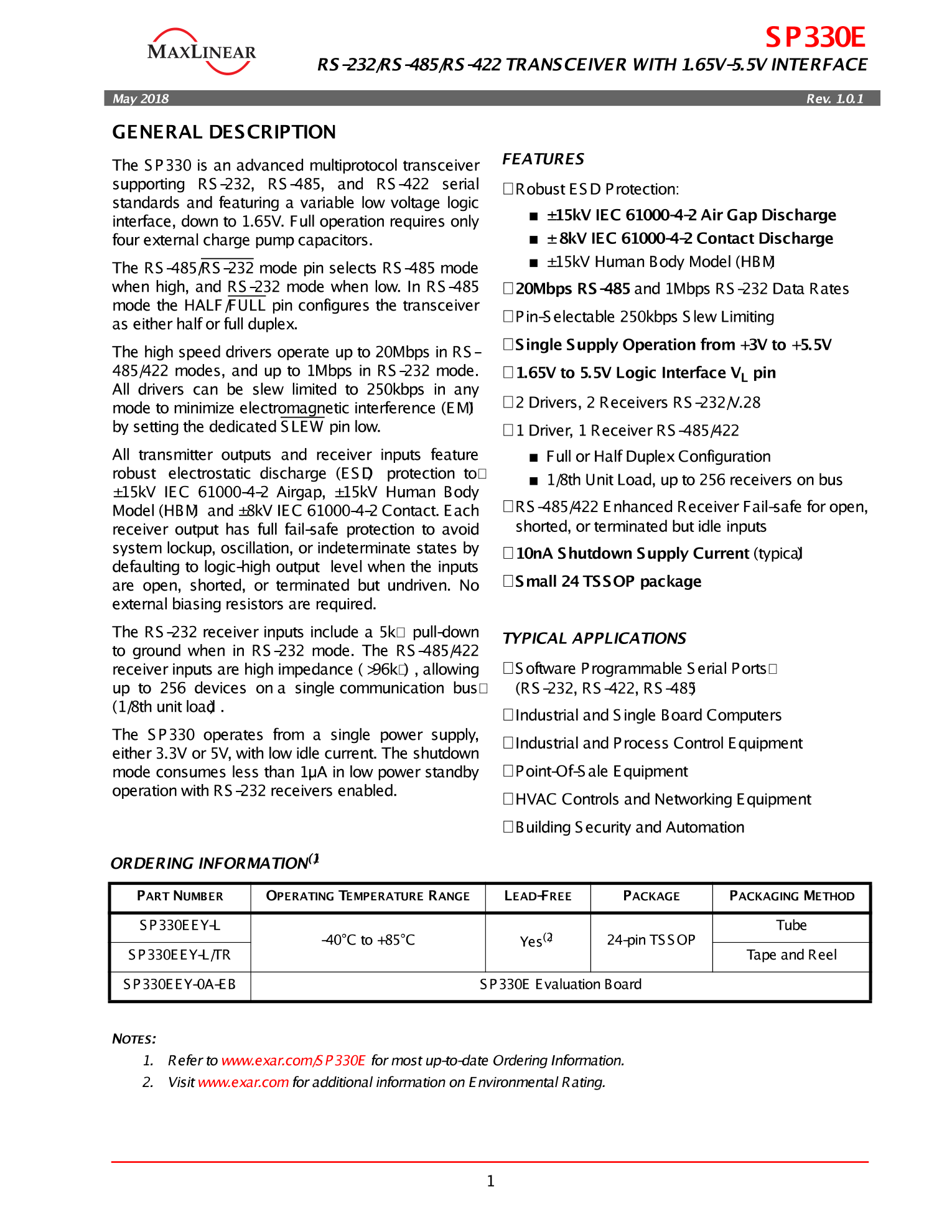 SP330EEY-L/TR_（MaxLinear）SP330EEY-L/TR中文资料_价格_PDF手册-立创电子商城