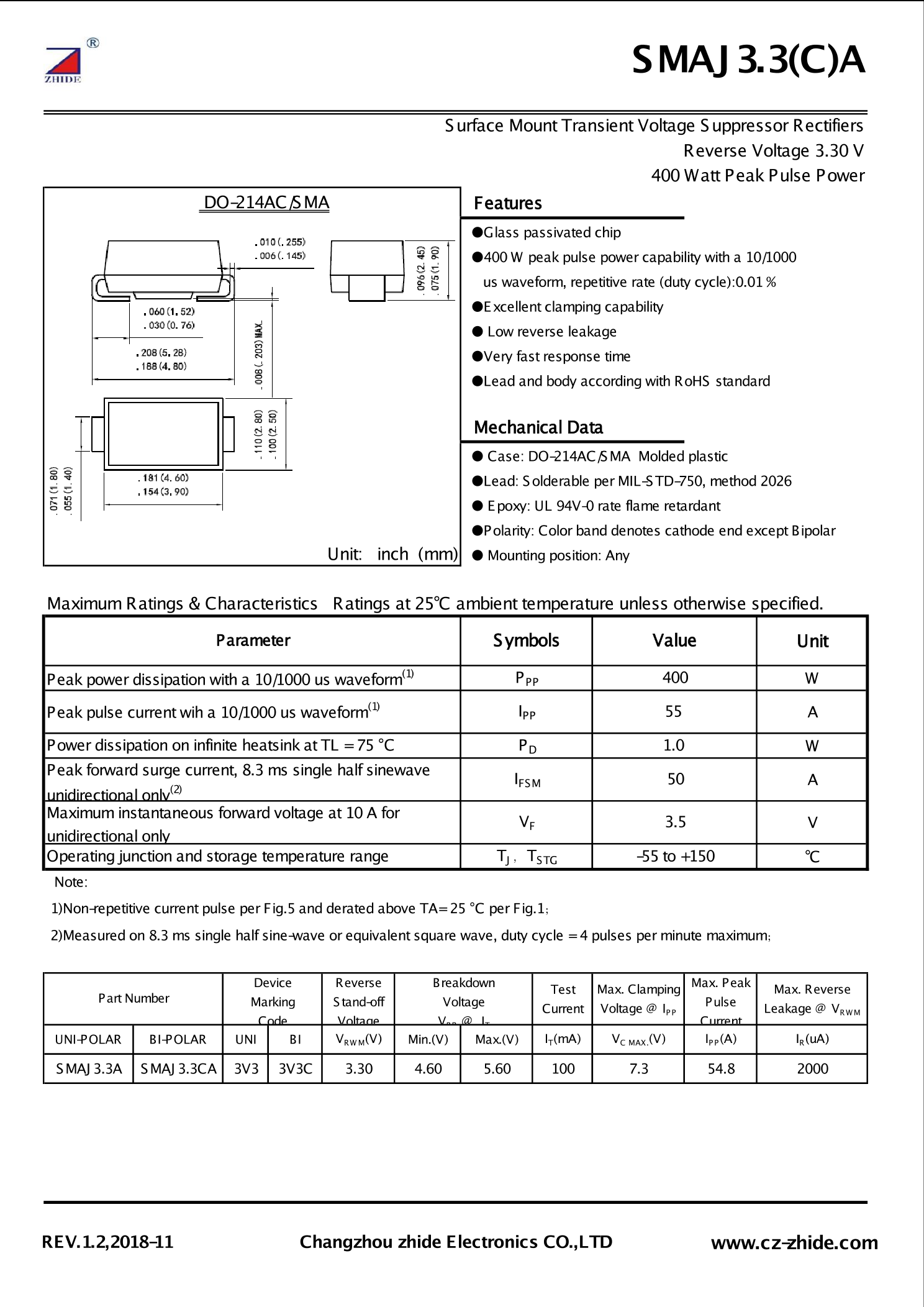SMAJ3.3CA_（ZHIDE(志得)）SMAJ3.3CA中文资料_价格_PDF手册-立创电子商城