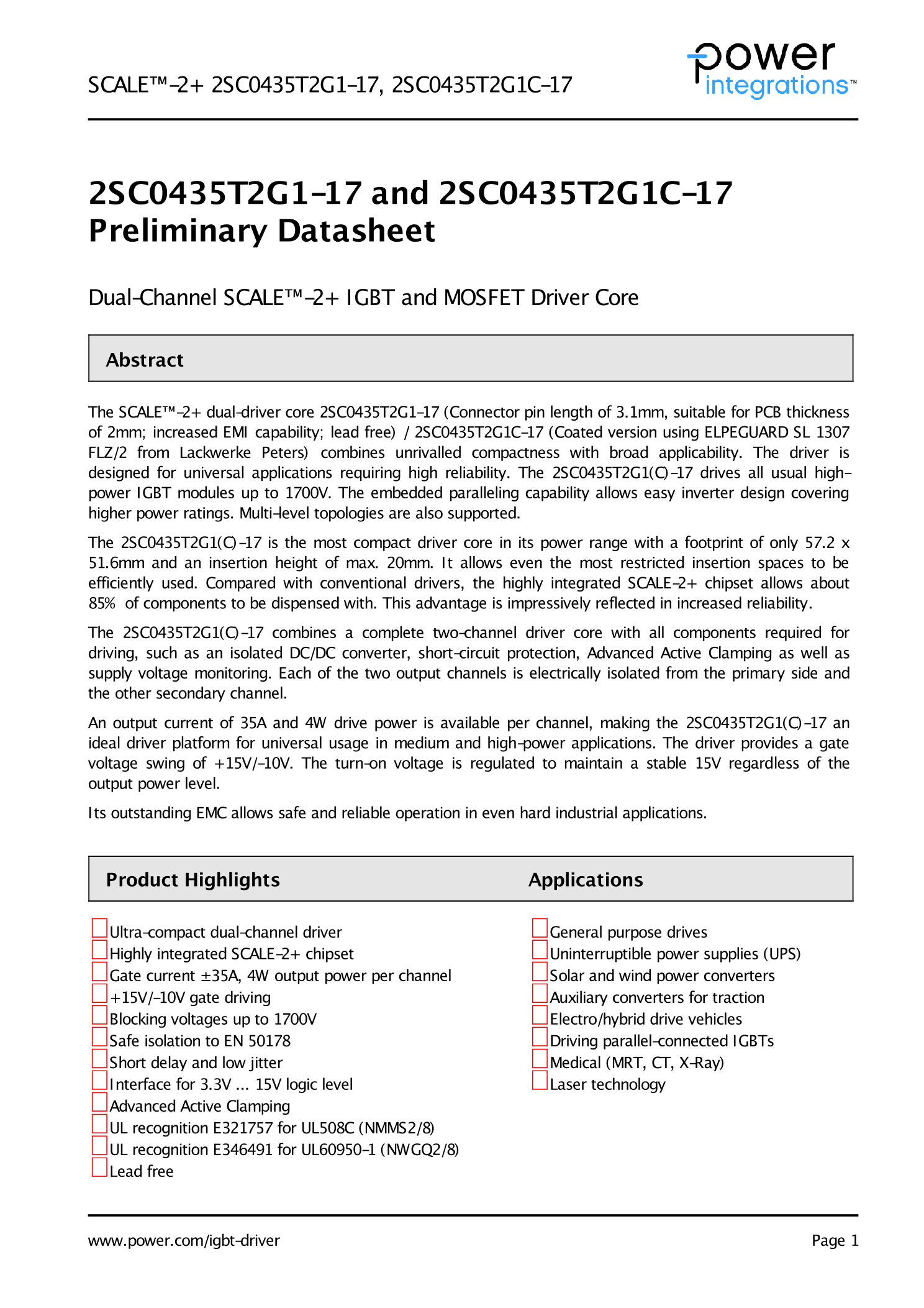 2SC0435T2G1-17_（Power Integrations(帕沃英蒂格盛)）2SC0435T2G1-17中文资料_价格_PDF手册 ...