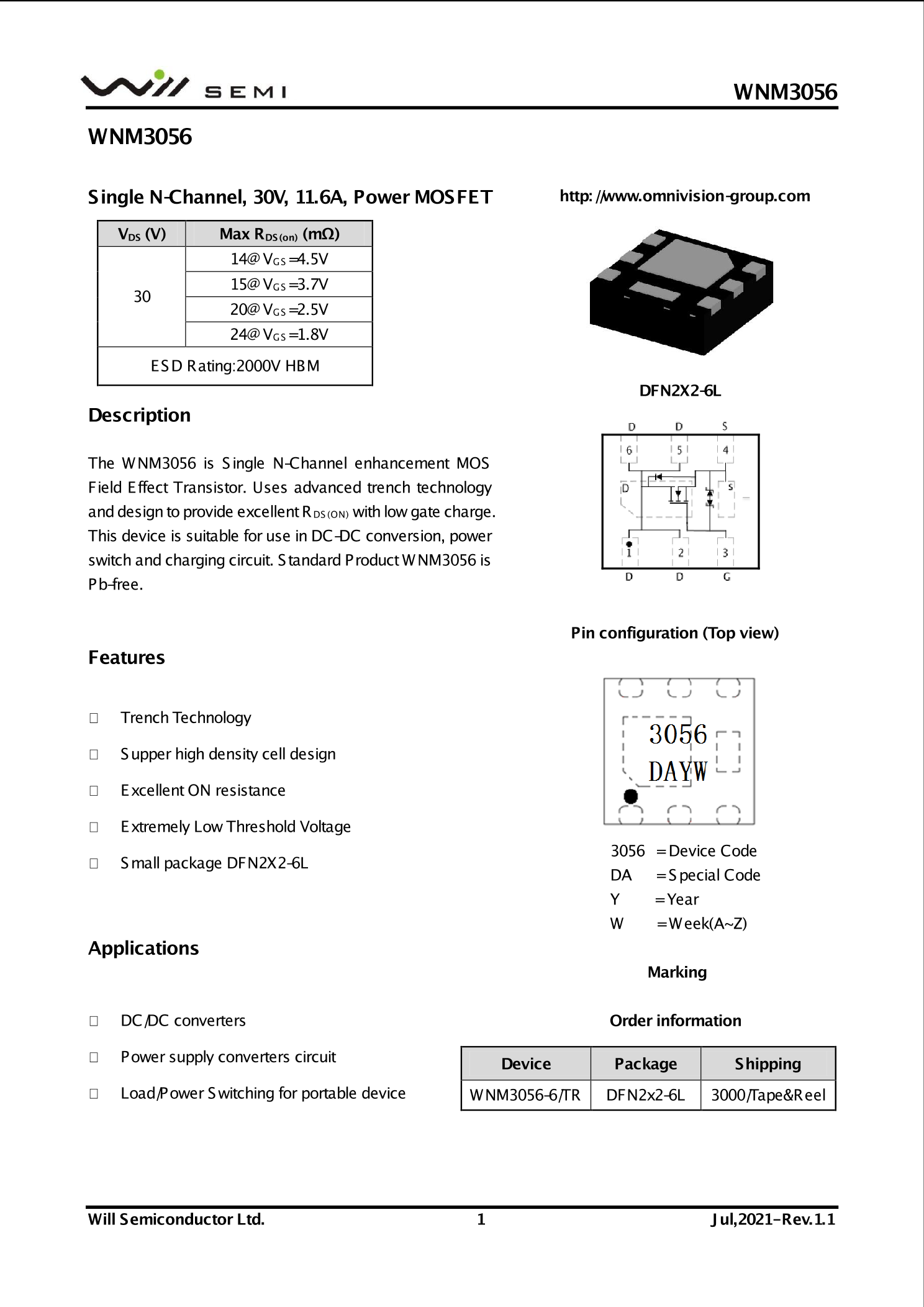 WNM3056-6/TR_（WILLSEMI(韦尔)）WNM3056-6/TR中文资料_价格_PDF手册-立创电子商城