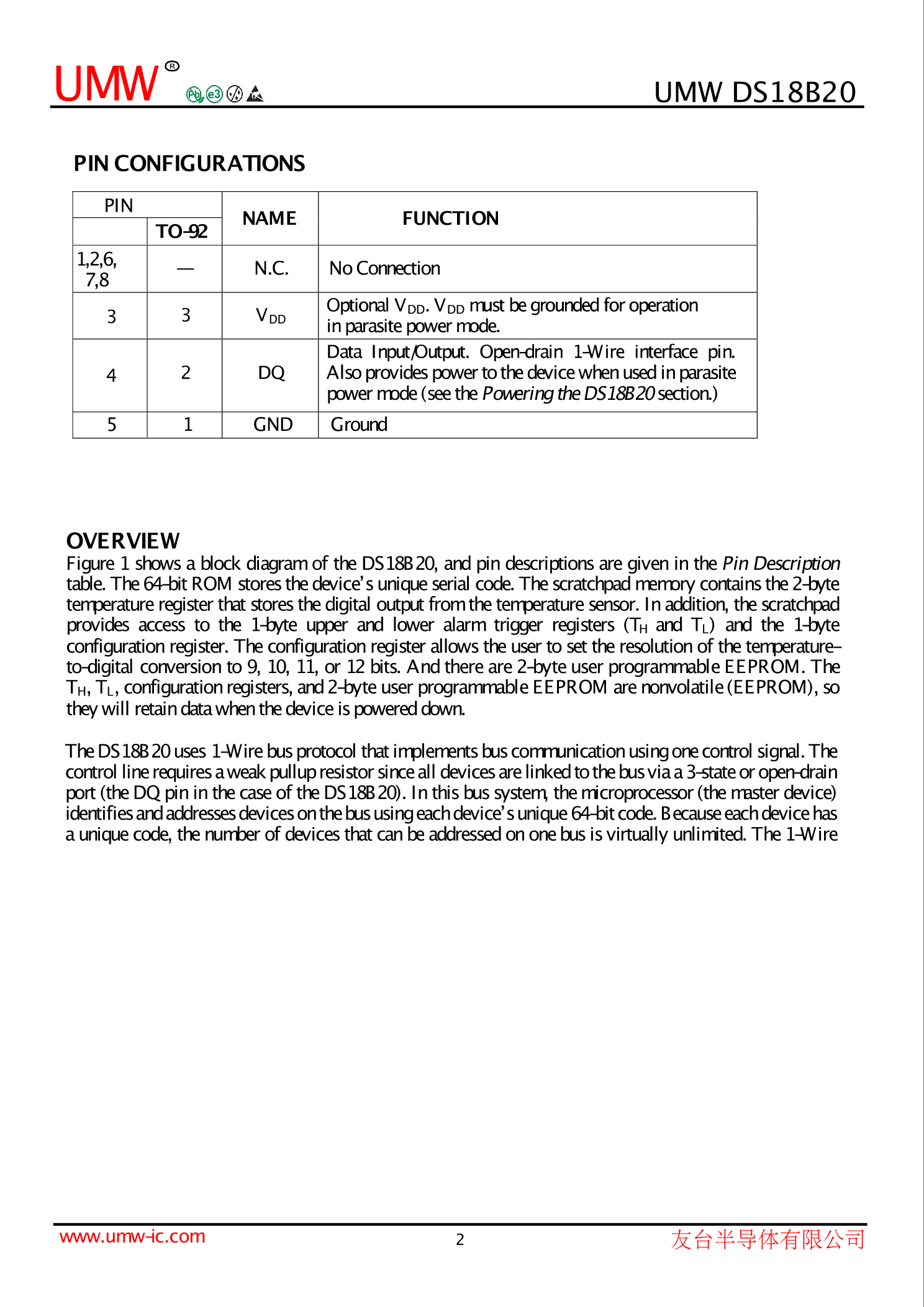 DS18B20U_（UMW(广东友台半导体)）DS18B20U中文资料_价格_PDF手册-立创电子商城