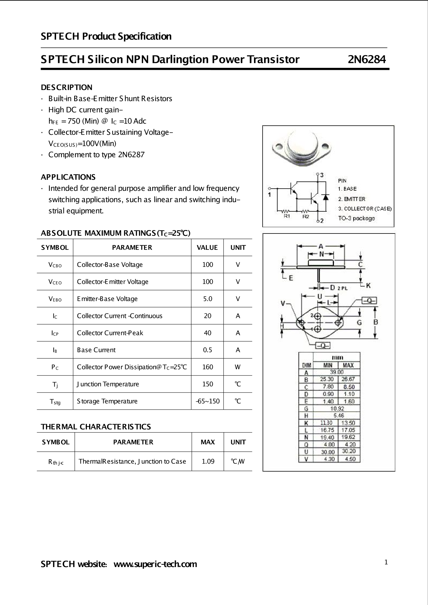 2N6284_（SPTECH(深圳质超)）2N6284中文资料_价格_PDF手册-立创电子商城