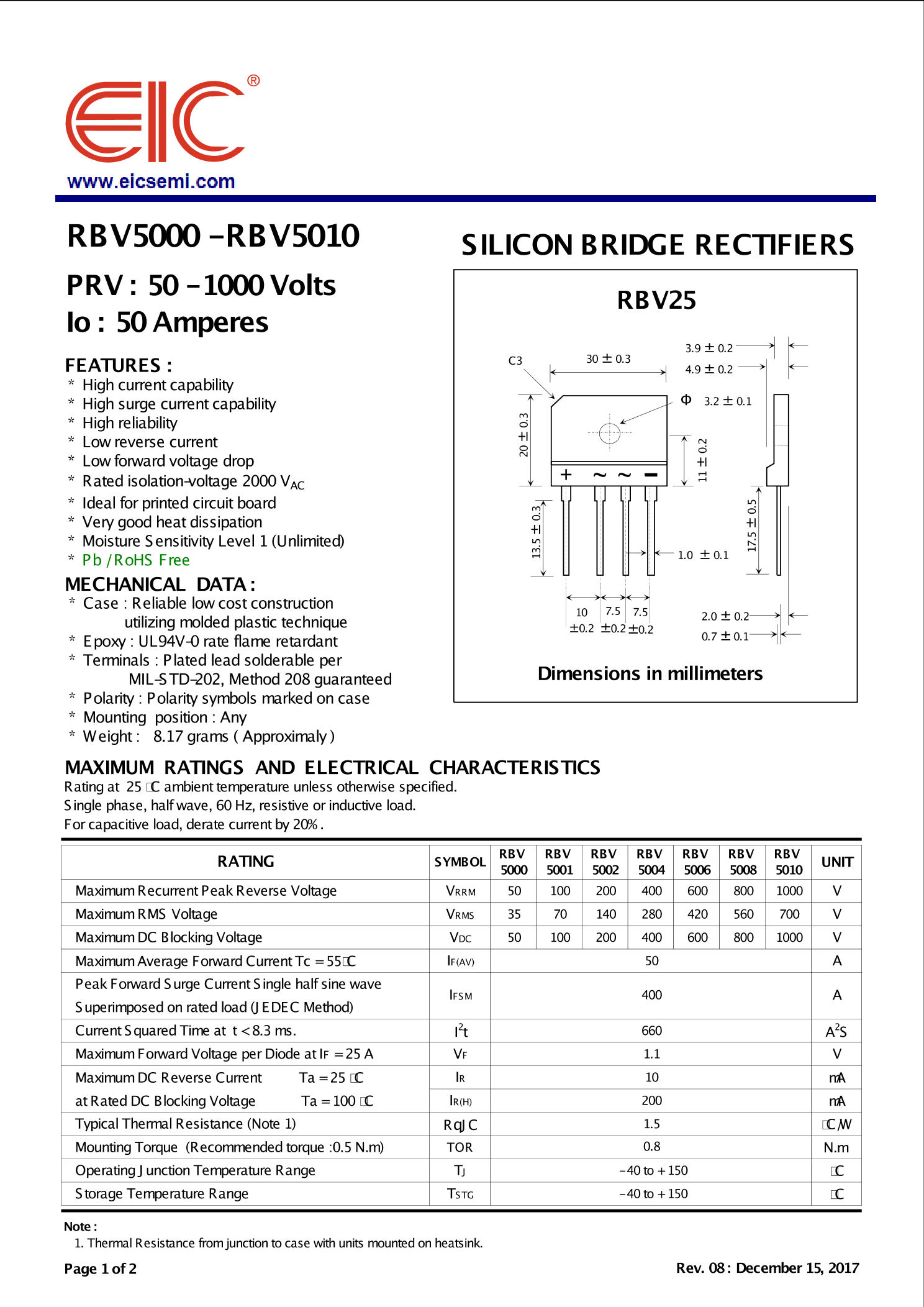 RBV5006_（EIC）RBV5006中文资料_价格_PDF手册-立创电子商城