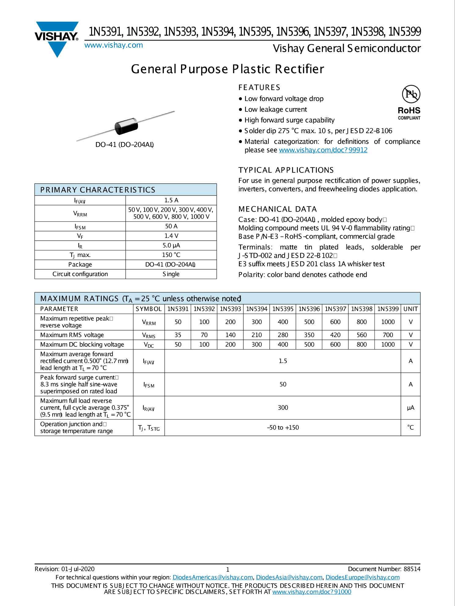 1N5392-E3/54_（VISHAY(威世)）1N5392-E3/54中文资料_价格_PDF手册-立创电子商城