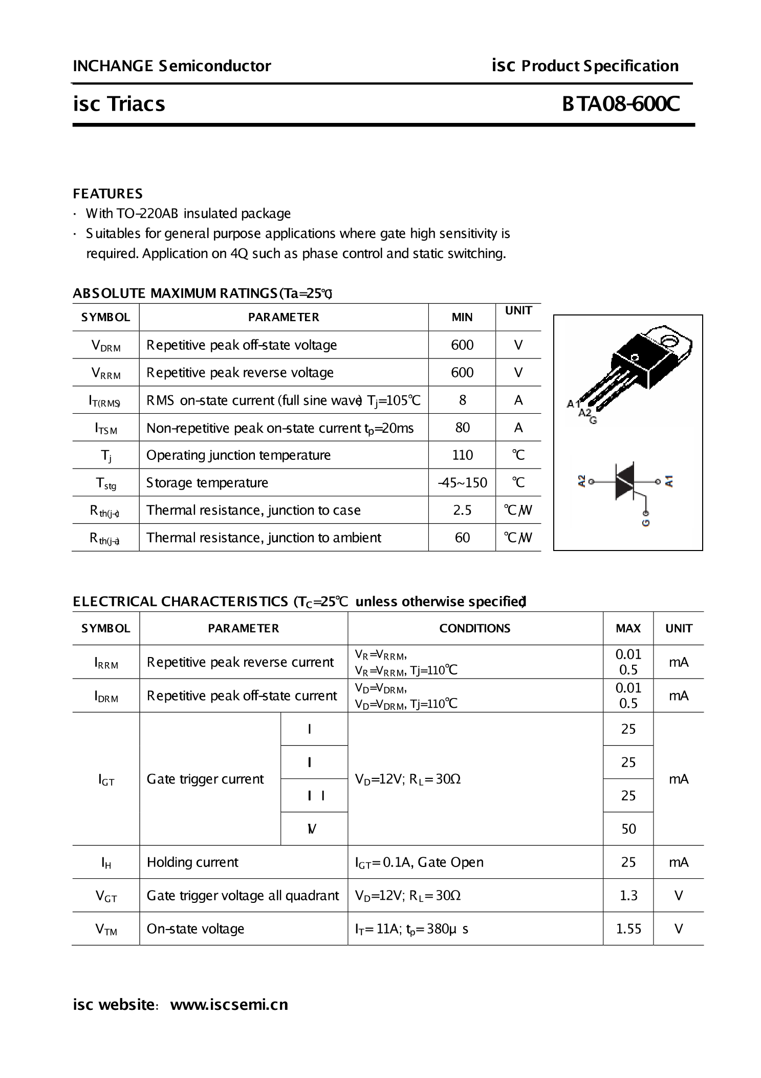 BTA08-600C_（ISC(无锡固电)）BTA08-600C中文资料_价格_PDF手册-立创电子商城