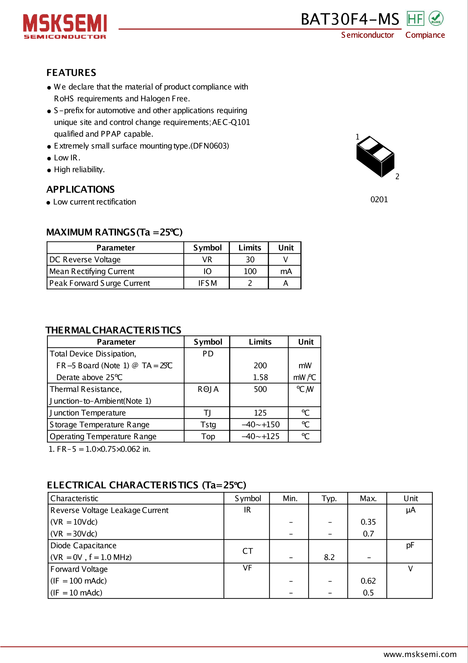 BAT30F4-MS_（MSKSEMI(美森科)）BAT30F4-MS中文资料_价格_PDF手册-立创电子商城