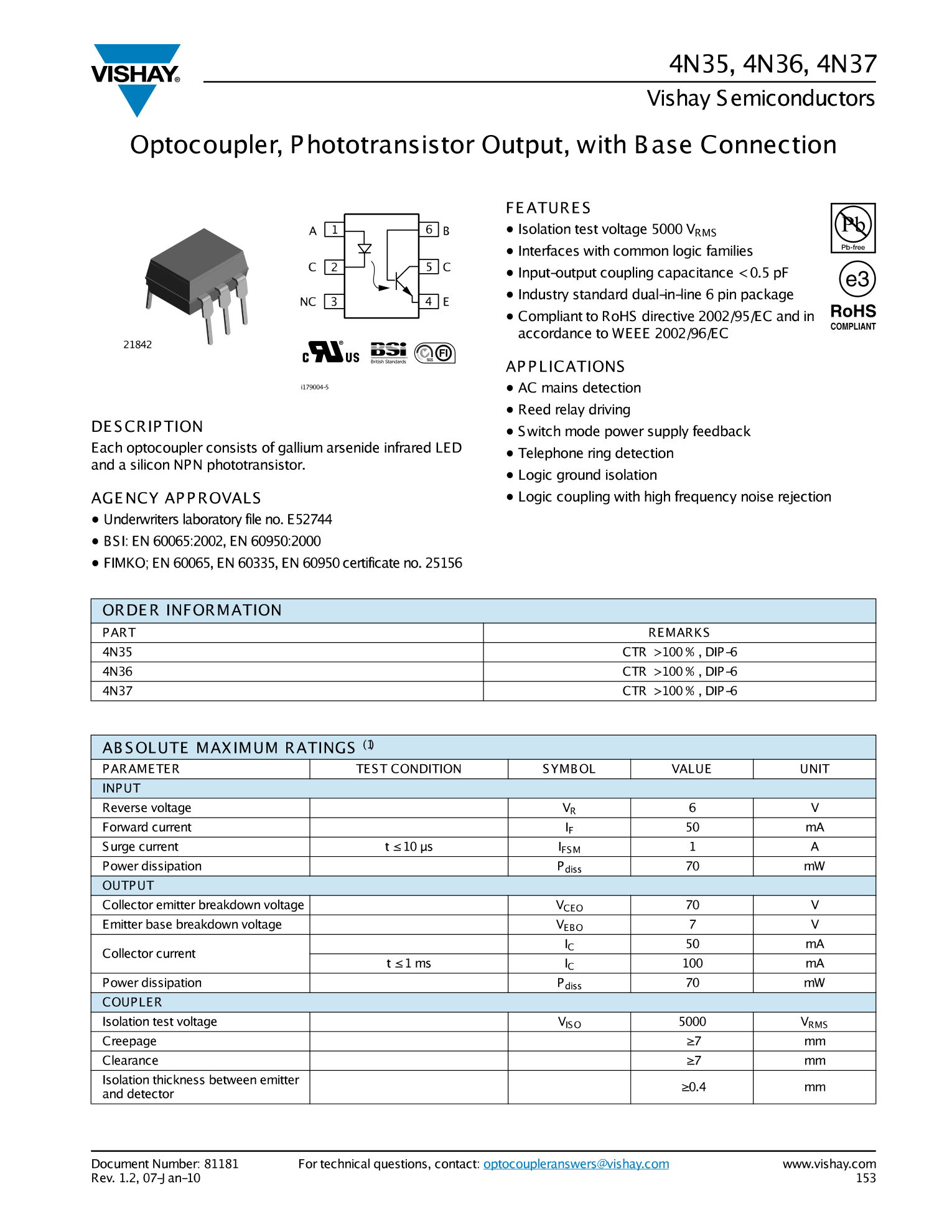 4N37_（VISHAY(威世)）4N37中文资料_价格_PDF手册-立创电子商城