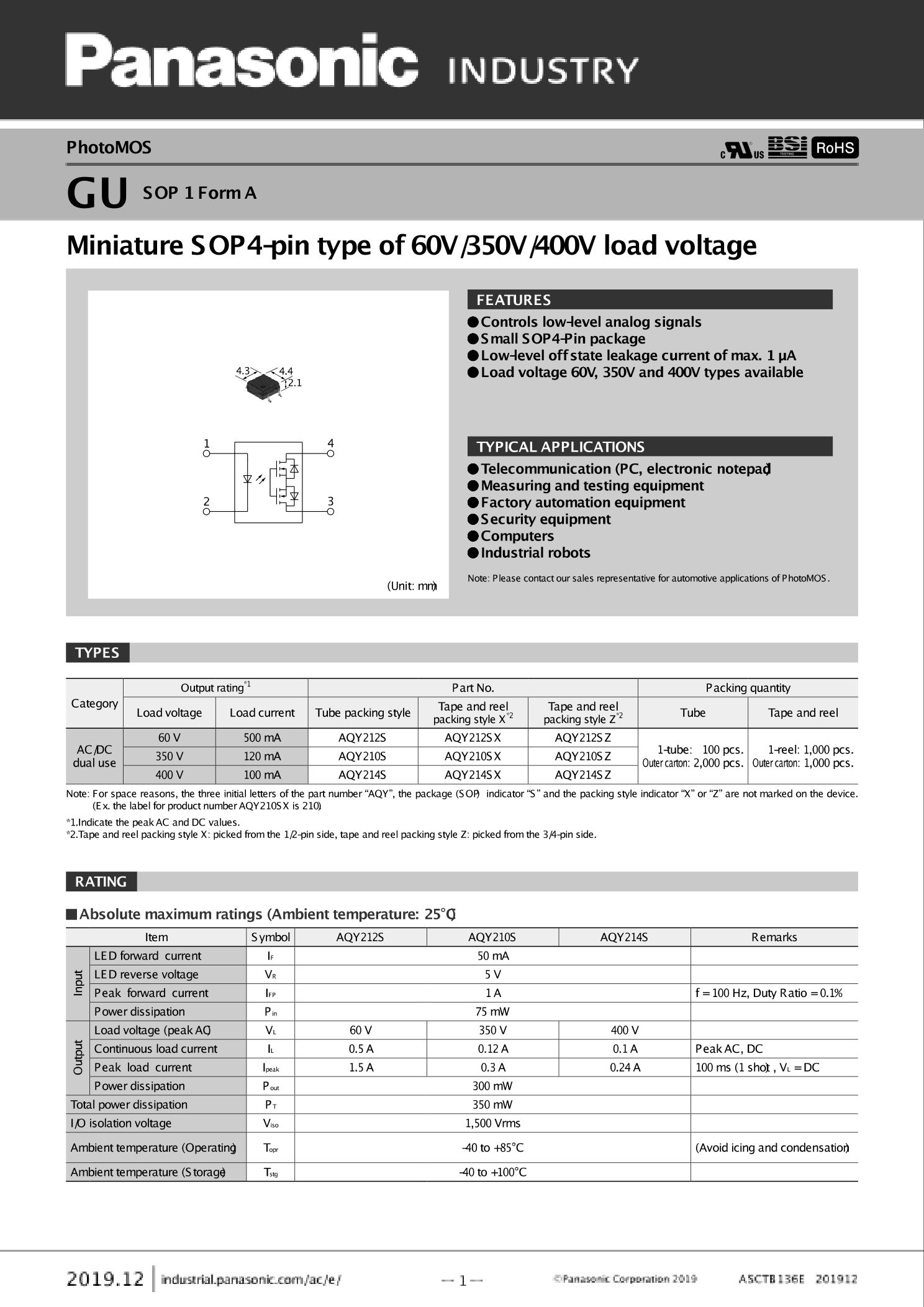 AQY214SX_（PANASONIC(松下)）AQY214SX中文资料_价格_PDF手册-立创电子商城