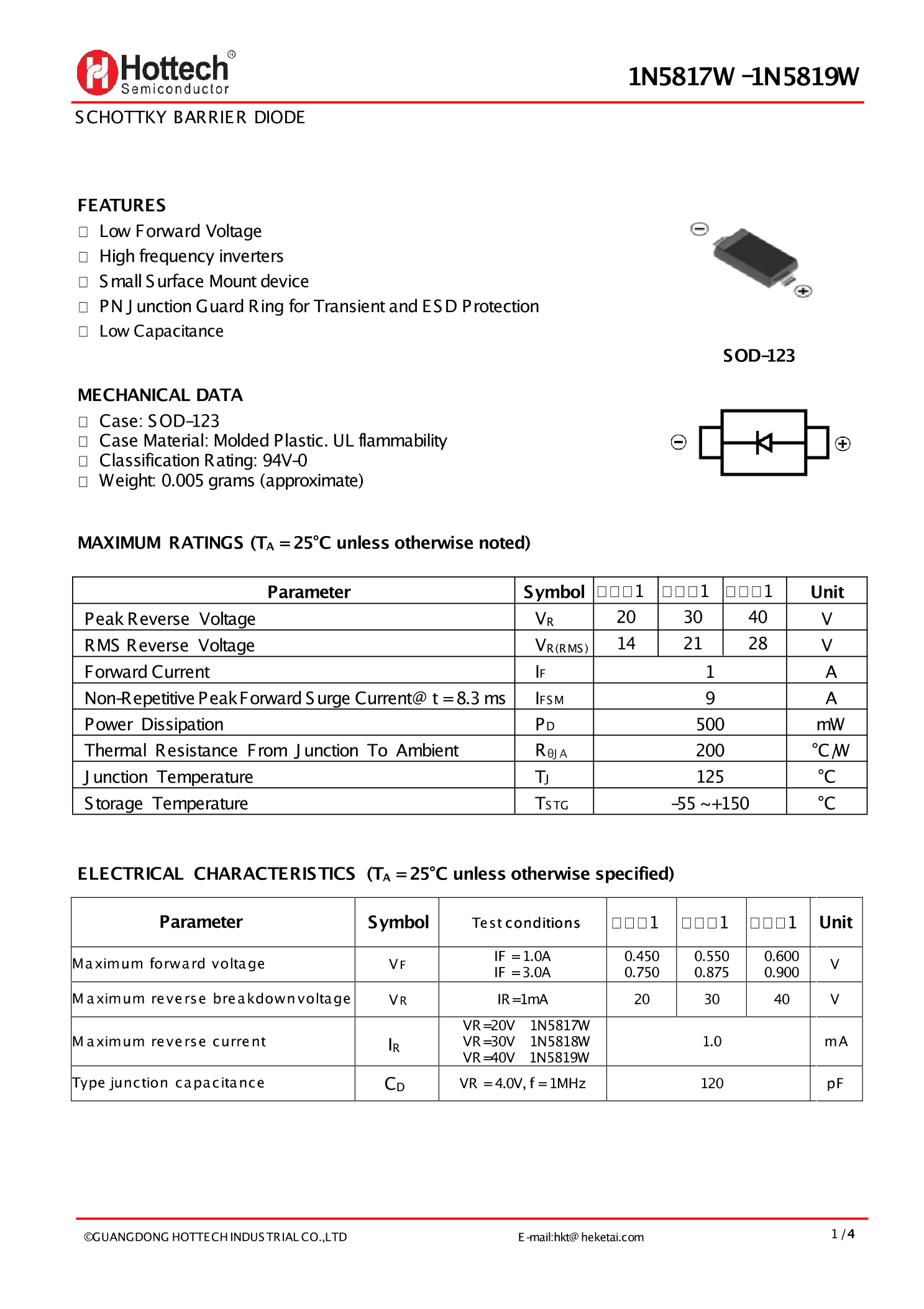 1N5819W_（Hottech(合科泰)）1N5819W中文资料_价格_PDF手册-立创电子商城