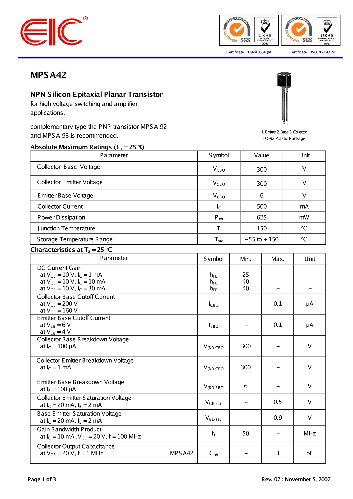 MPSA42_（EIC）MPSA42中文资料_价格_PDF手册-立创电子商城