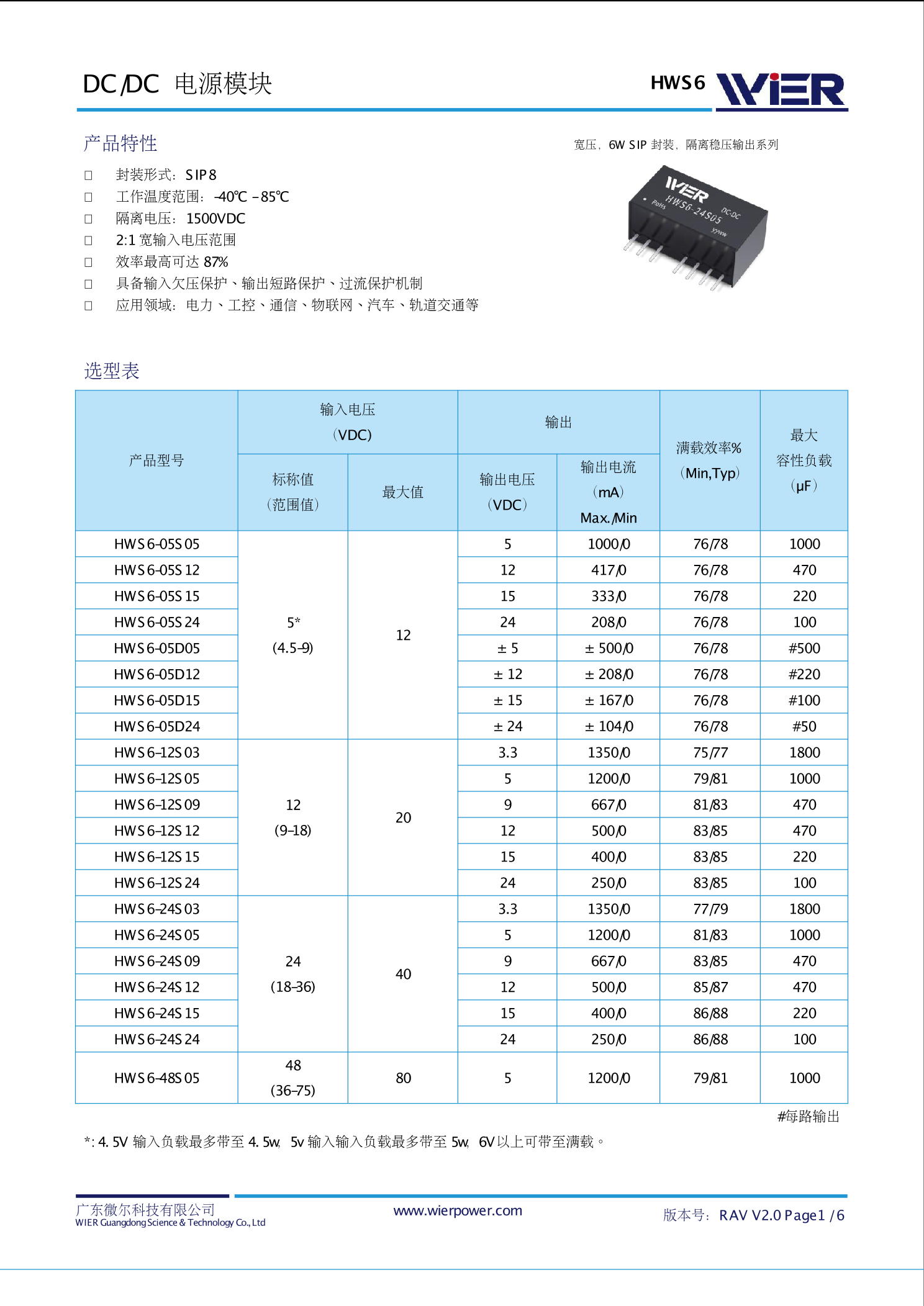 HWS6-48S05_（WIER(微尔)）HWS6-48S05中文资料_价格_PDF手册-立创电子商城