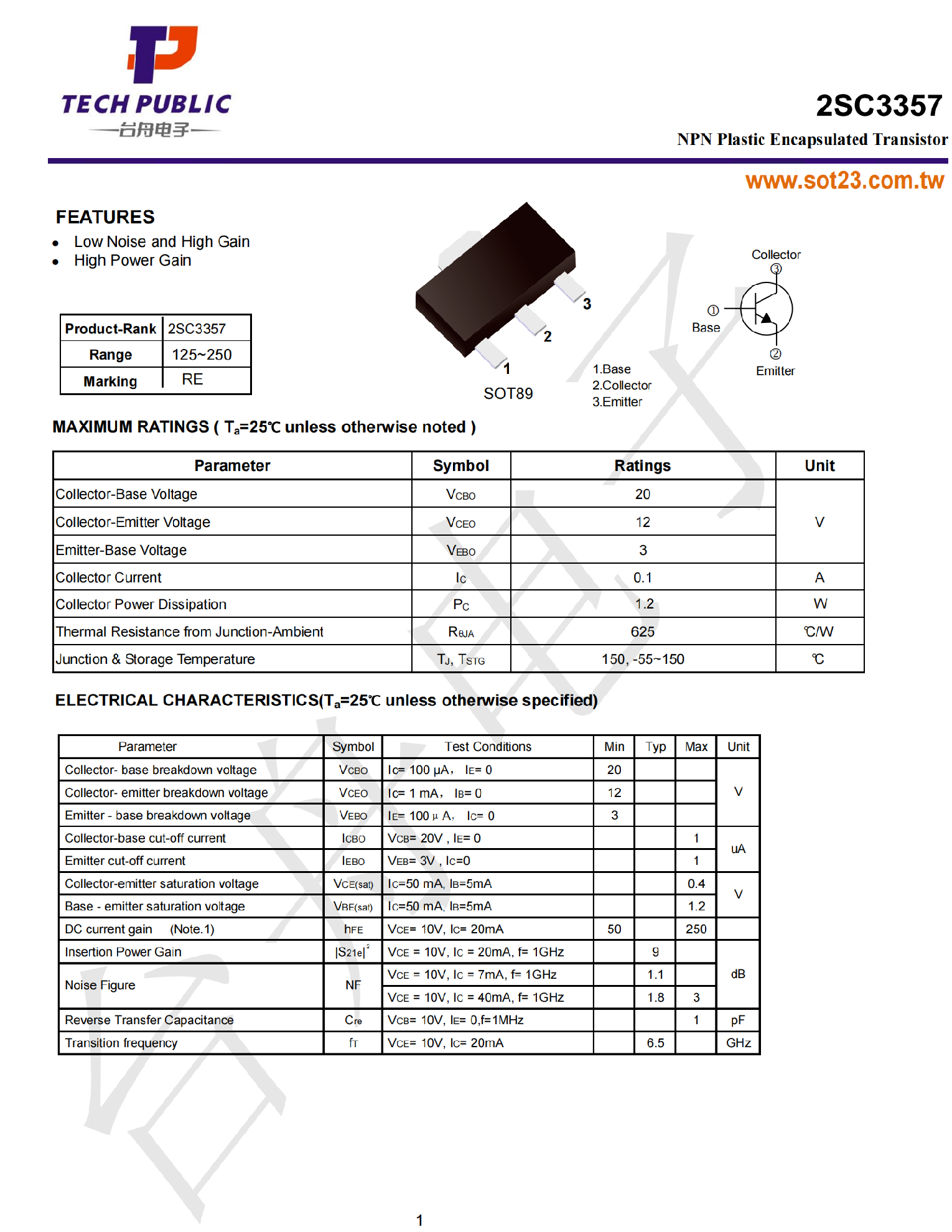 2SC3357_（TECH PUBLIC(台舟)）2SC3357中文资料_价格_PDF手册-立创电子商城