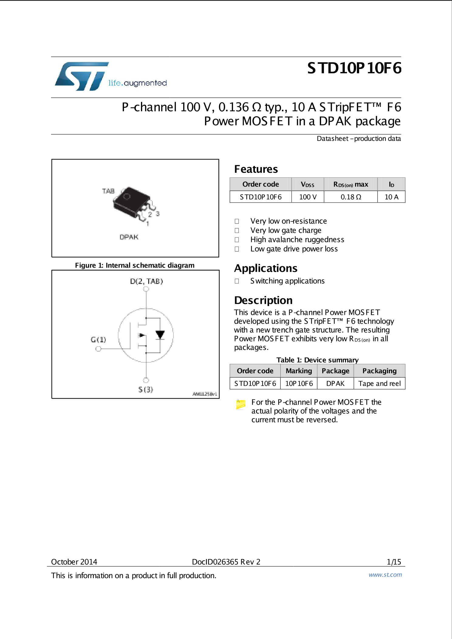 STD10P10F6_（ST(意法半导体)）STD10P10F6中文资料_价格_PDF手册-立创电子商城