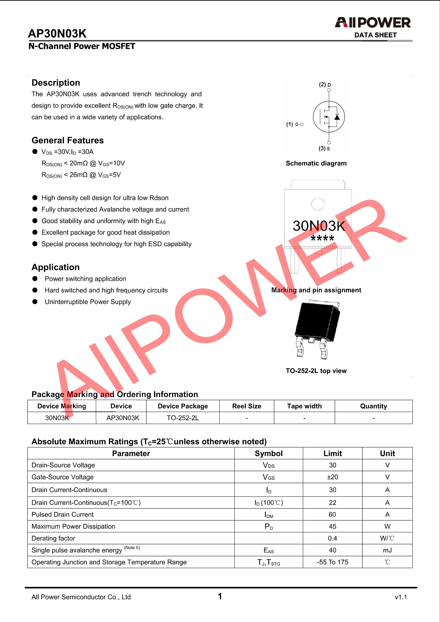AP30N03K_（ALLPOWER(铨力)）AP30N03K中文资料_价格_PDF手册-立创电子商城
