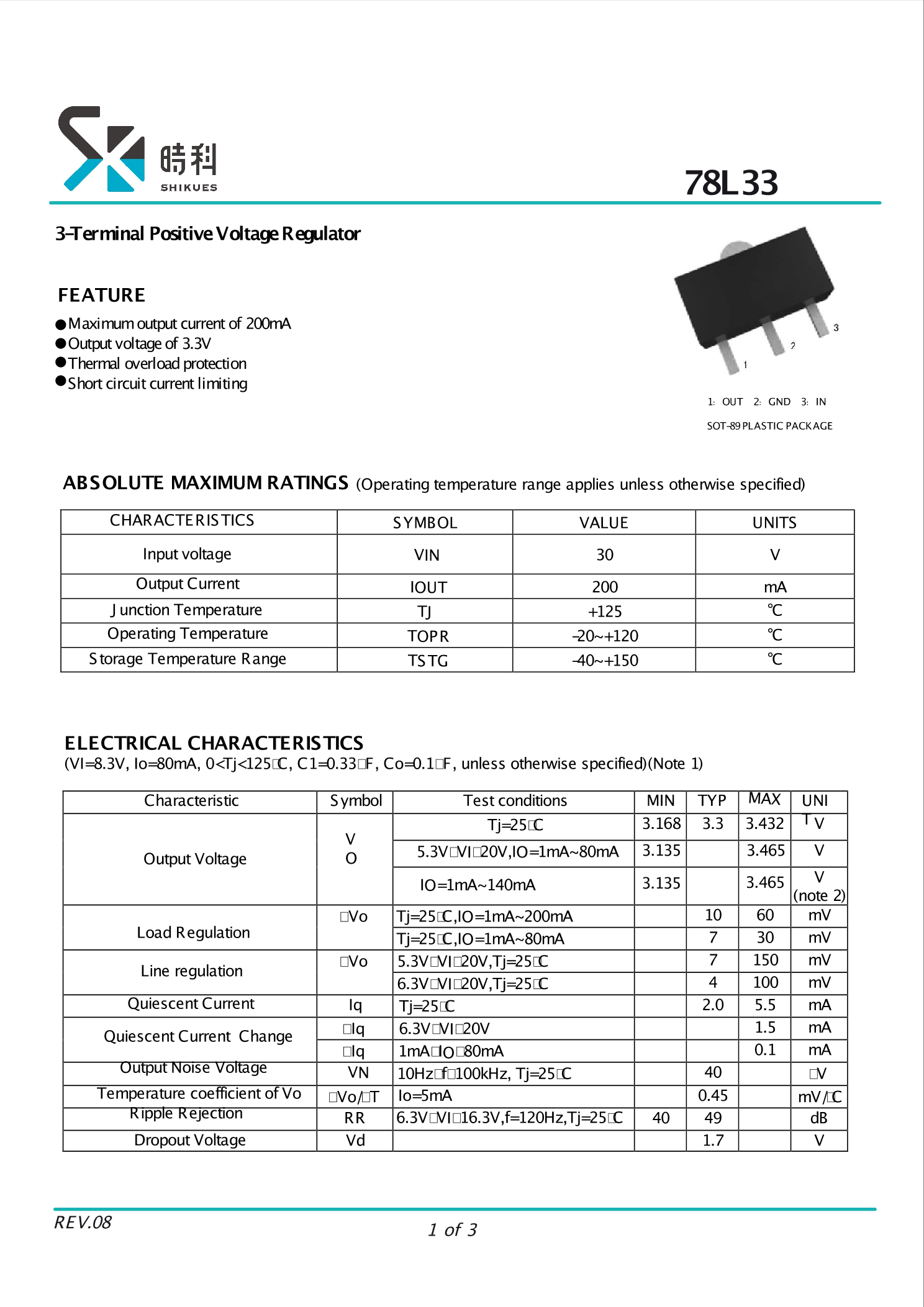 78L33_（SHIKUES(时科)）78L33中文资料_价格_PDF手册-立创电子商城