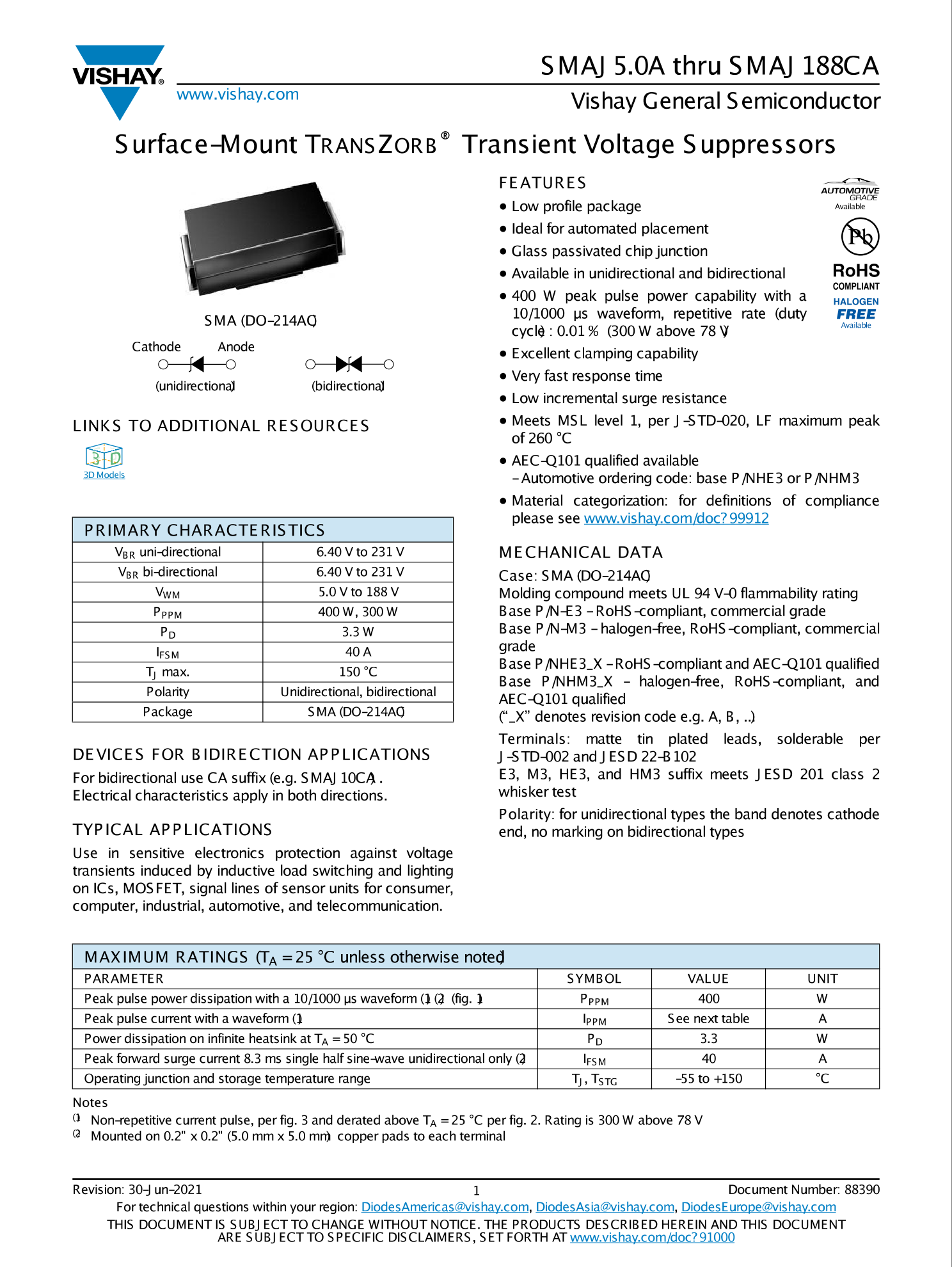SMAJ33A-E3/61_（VISHAY(威世)）SMAJ33A-E3/61中文资料_价格_PDF手册-立创电子商城