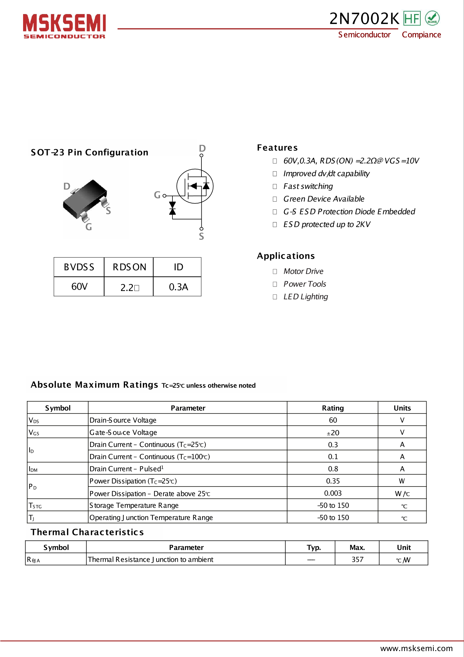 2N7002K_（MSKSEMI(美森科)）2N7002K中文资料_价格_PDF手册-立创电子商城