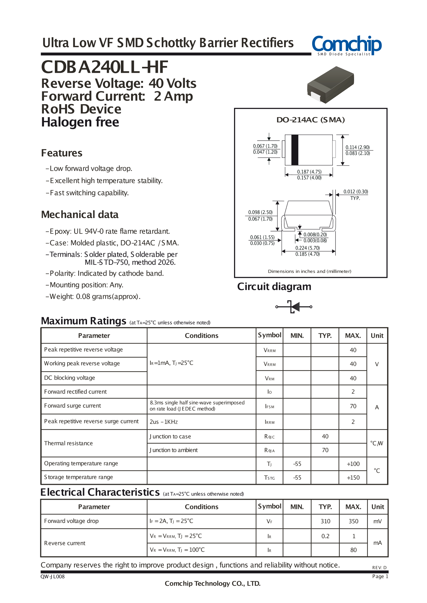 CDBA240LL-HF_（Comchip(典琦)）CDBA240LL-HF中文资料_价格_PDF手册-立创电子商城