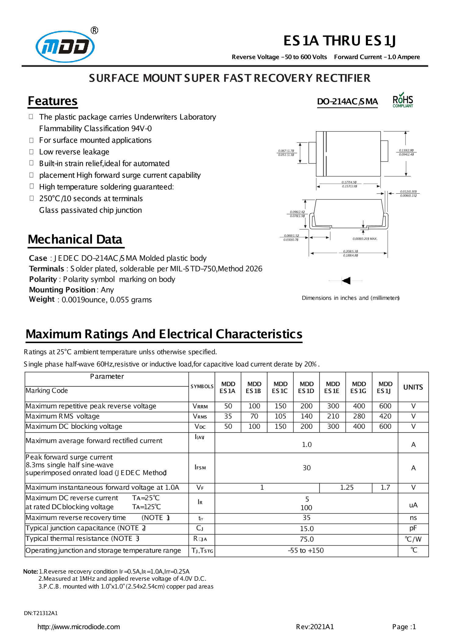 ES1B_（MDD）ES1B中文资料_价格_PDF手册-立创电子商城