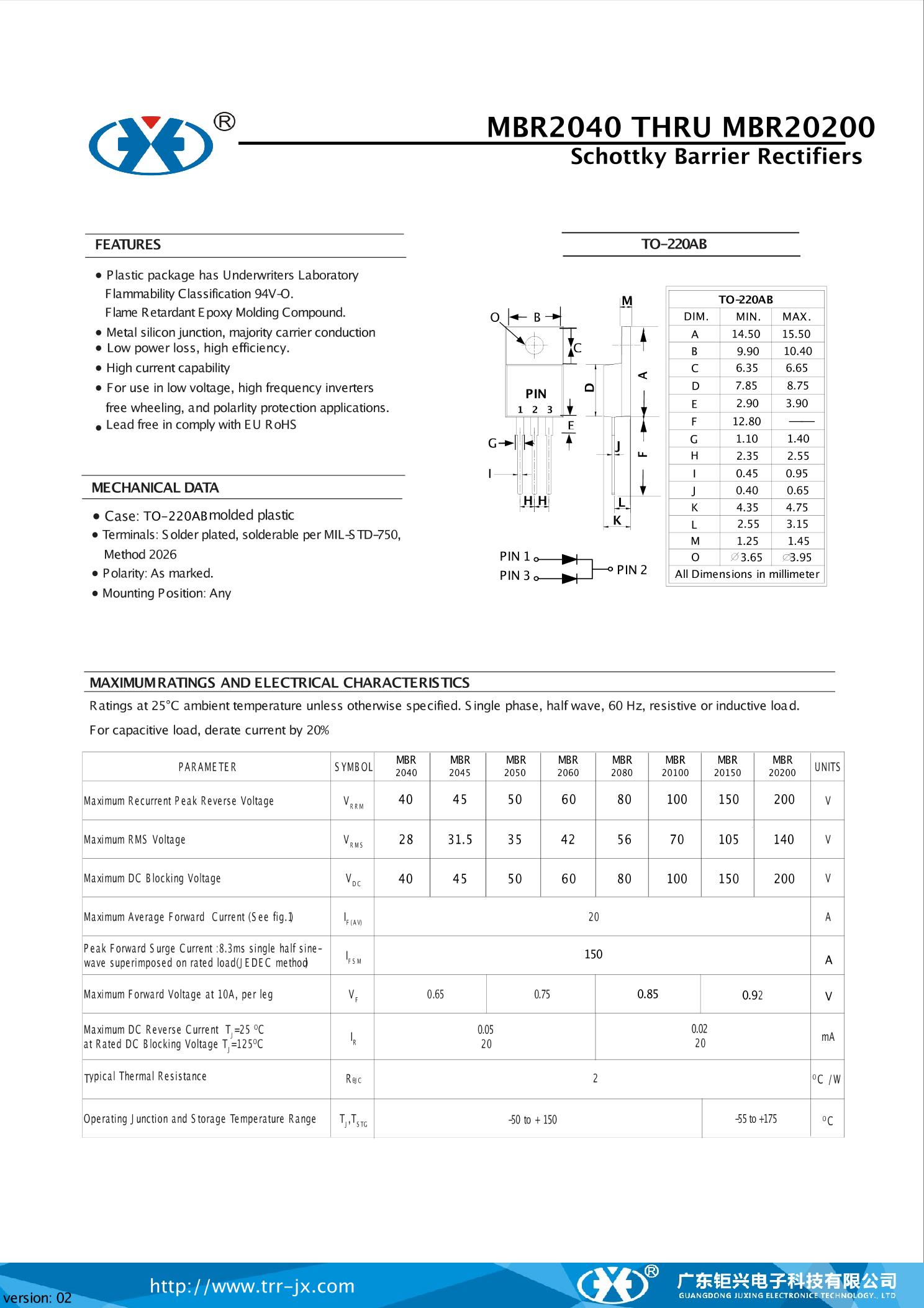 MBR20100_（JUXING(钜兴)）MBR20100中文资料_价格_PDF手册-立创电子商城