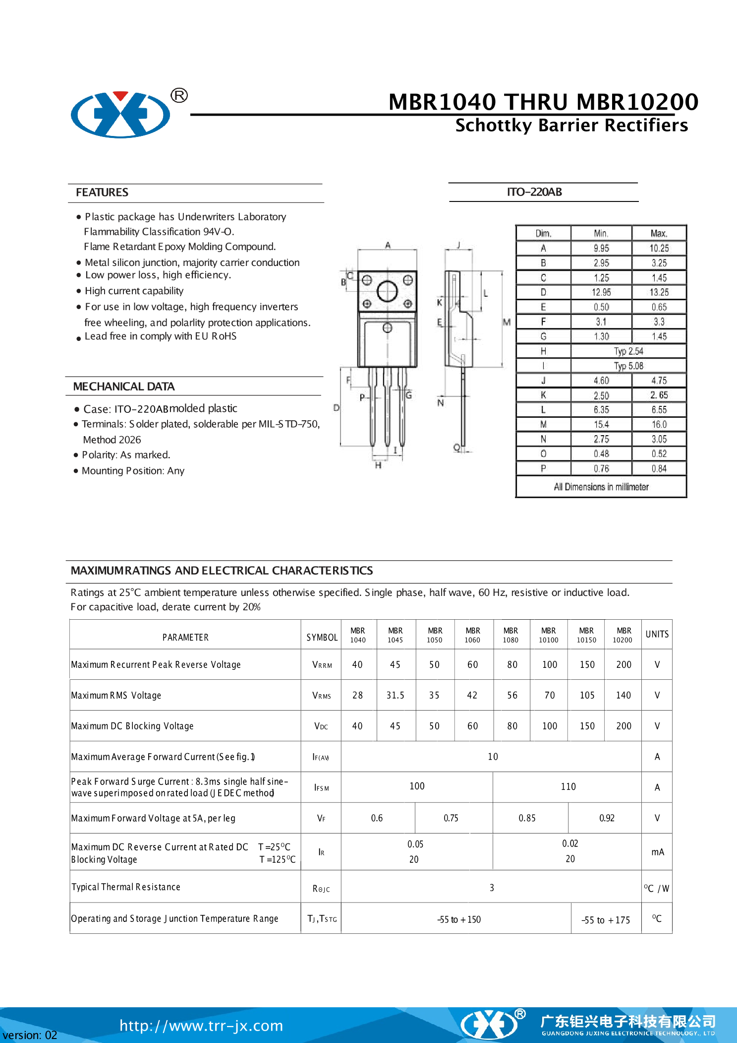 MBR10100_（JUXING(钜兴)）MBR10100中文资料_价格_PDF手册-立创电子商城