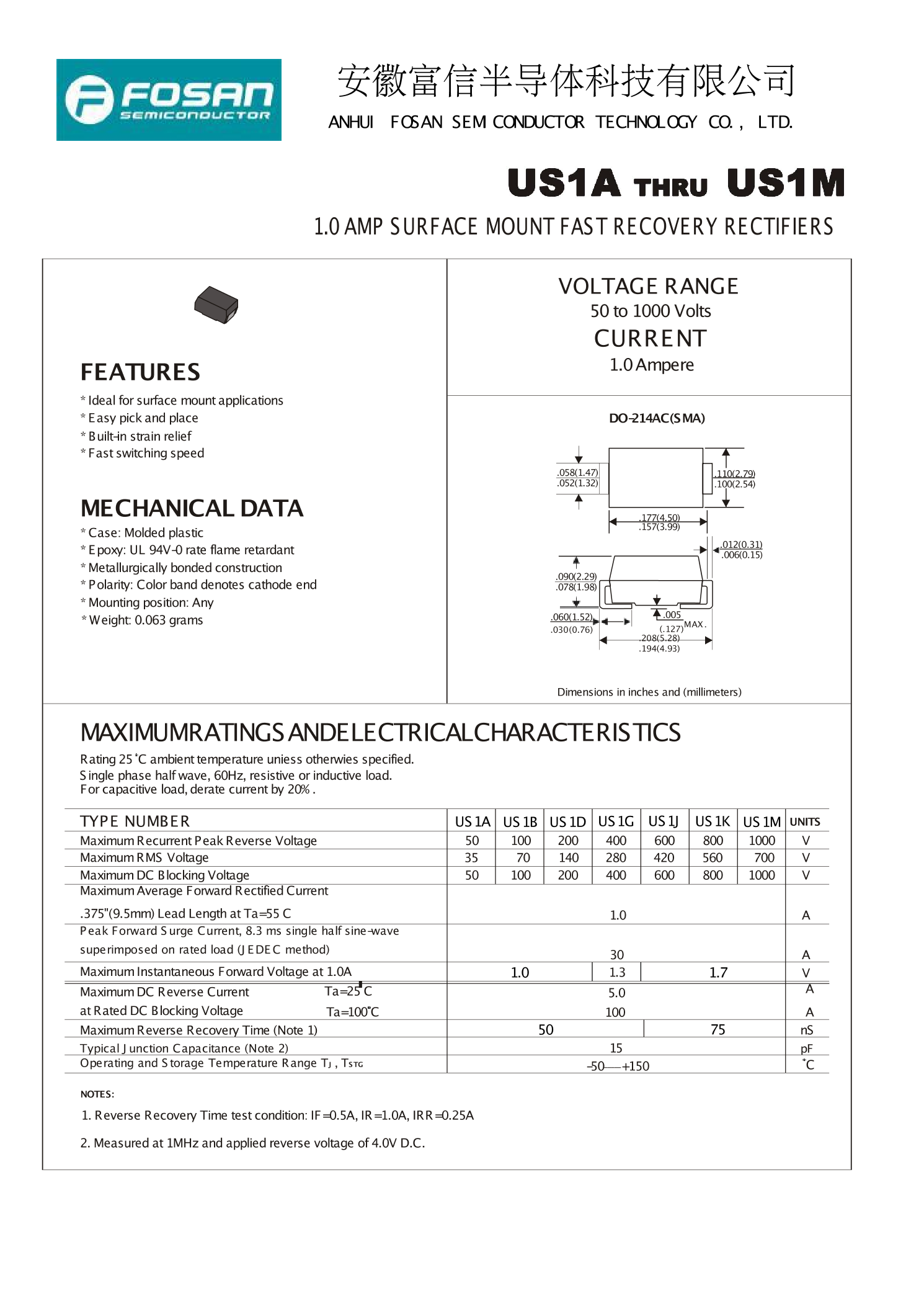 US1M_（FOSAN(富信)）US1M中文资料_价格_PDF手册-立创电子商城