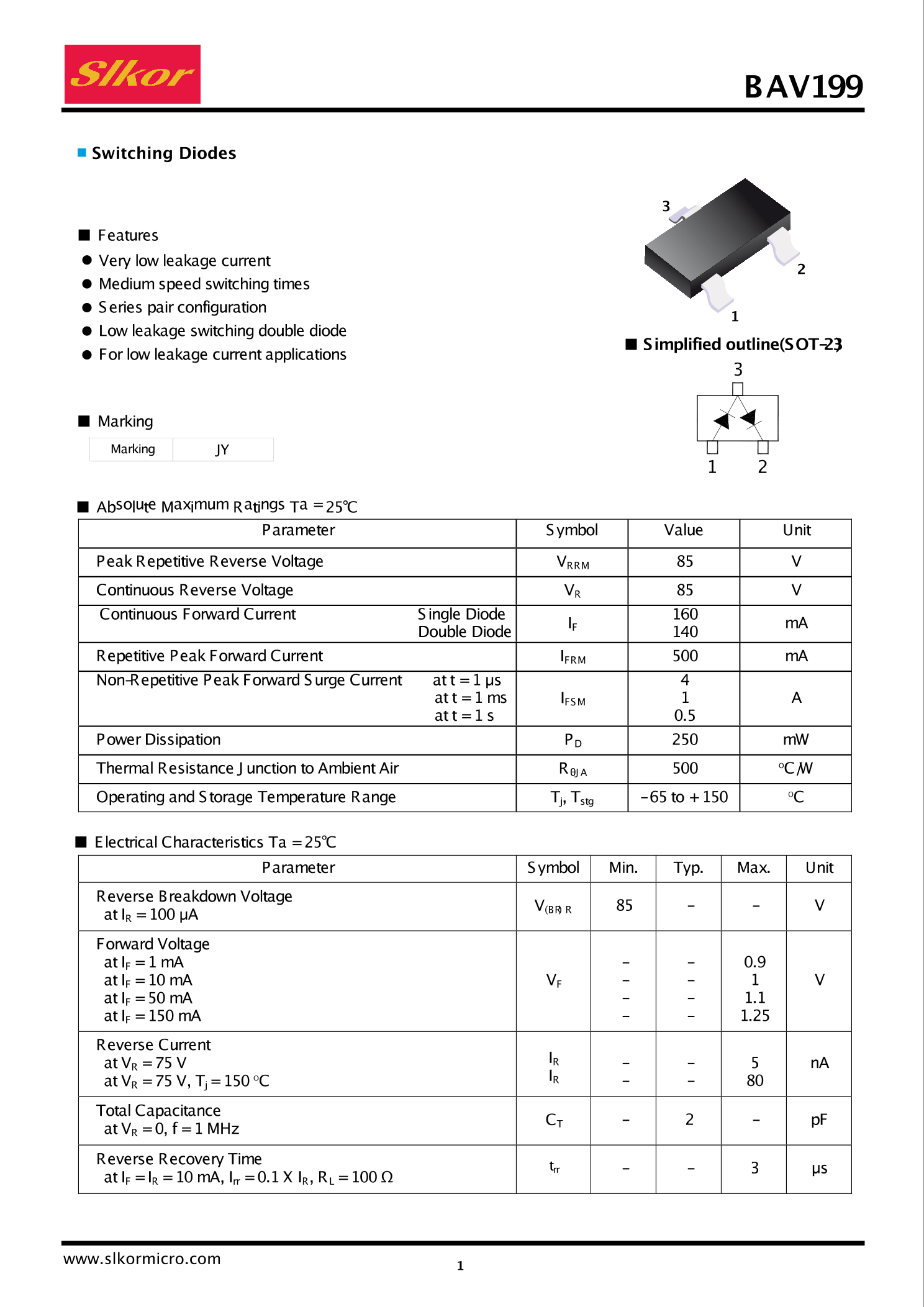 BAV199_（Slkor(萨科微)）BAV199中文资料_价格_PDF手册-立创电子商城