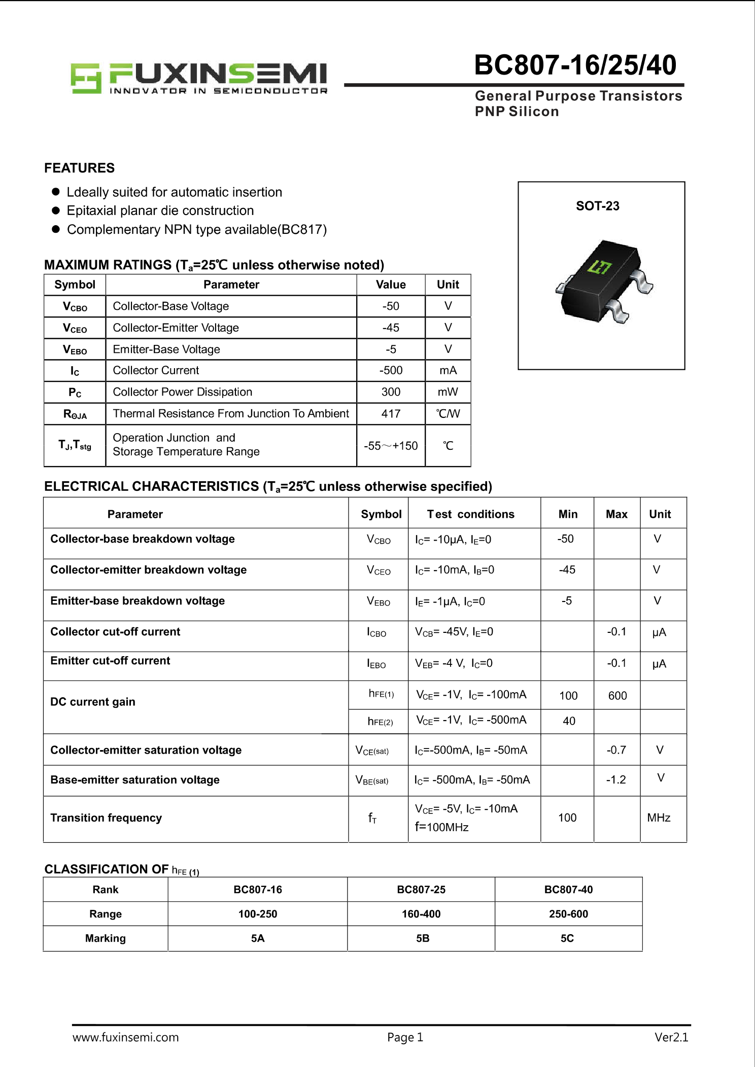 BC807-40_（FUXINSEMI(富芯森美)）BC807-40中文资料_价格_PDF手册-立创电子商城