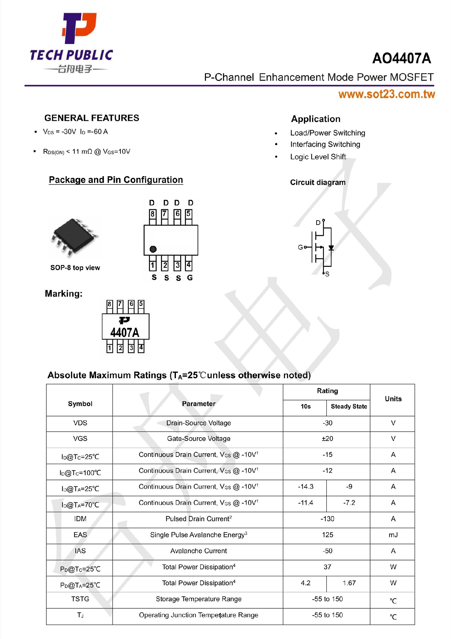 AO4407A_（TECH PUBLIC(台舟)）AO4407A中文资料_价格_PDF手册-立创电子商城