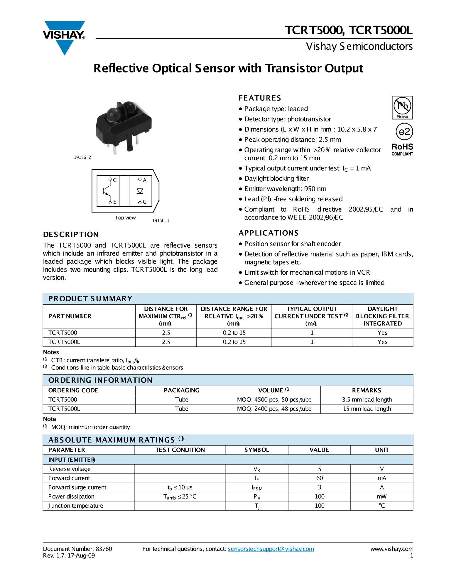 TCRT5000_（VISHAY(威世)）TCRT5000中文资料_价格_PDF手册-立创电子商城