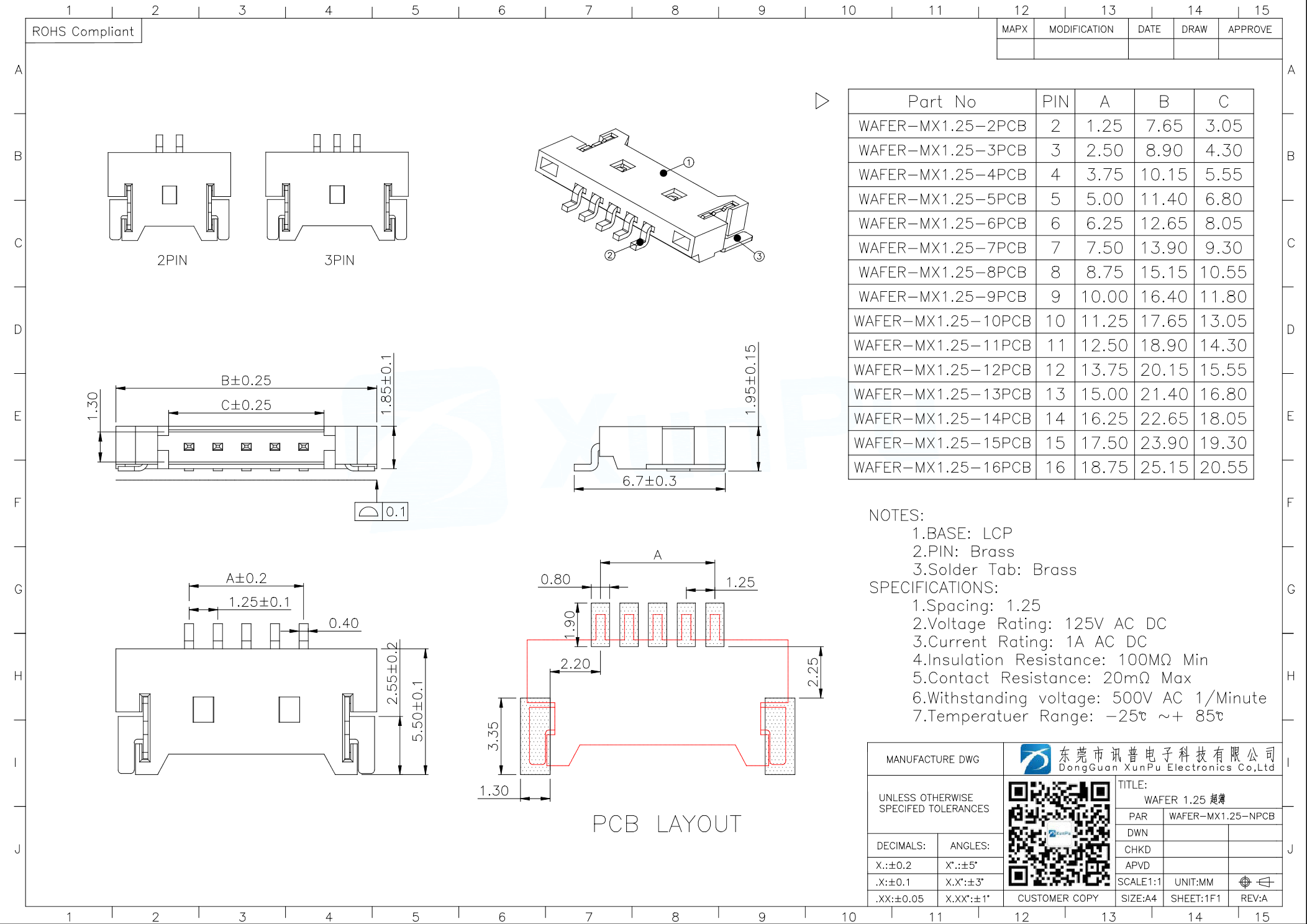 WAFER-MX1.25-6PCB_（XUNPU(讯普)）WAFER-MX1.25-6PCB中文资料_价格_PDF手册-立创电子商城