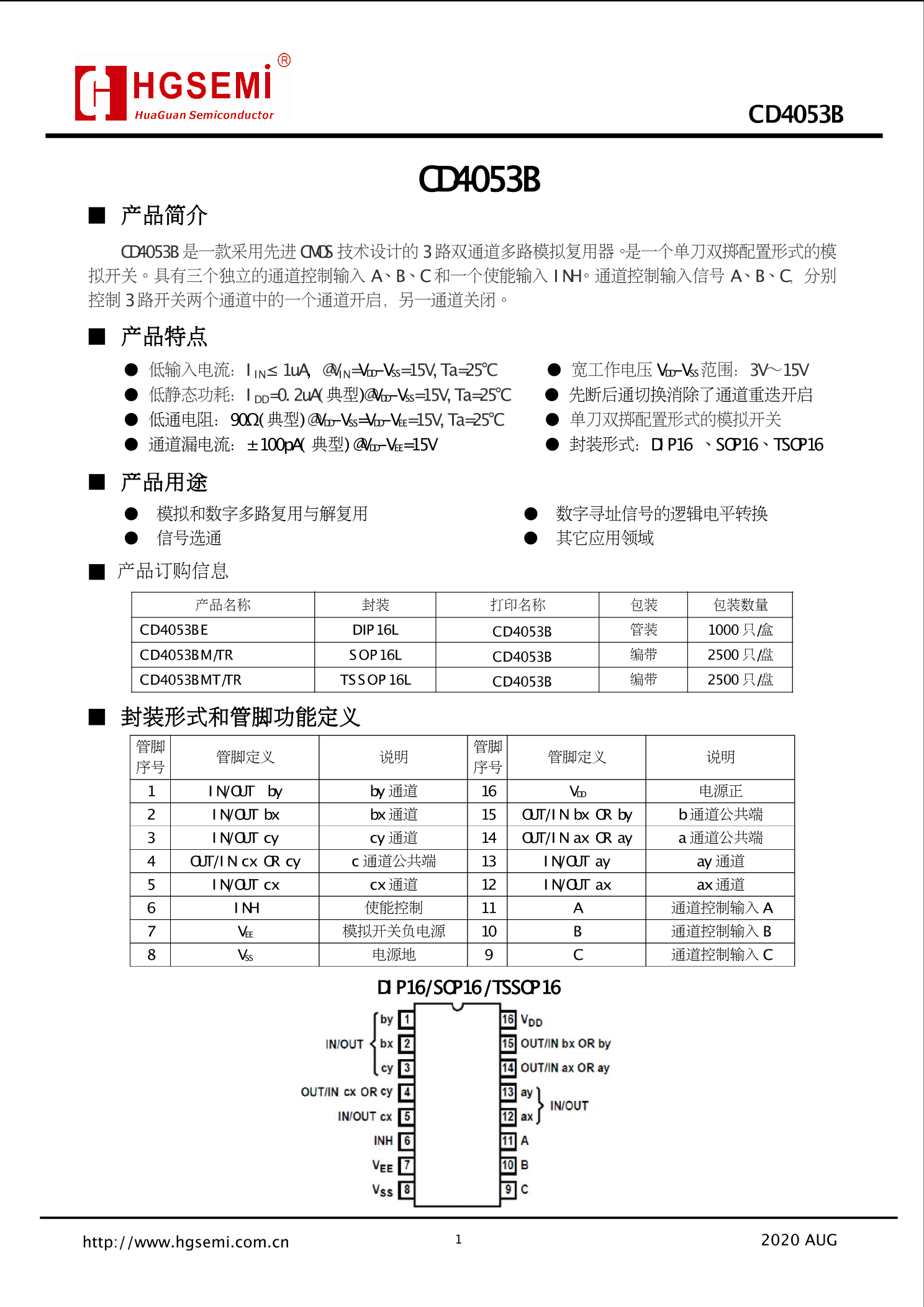 CD4053BM/TR_（HGSEMI(华冠)）CD4053BM/TR中文资料_价格_PDF手册-立创电子商城