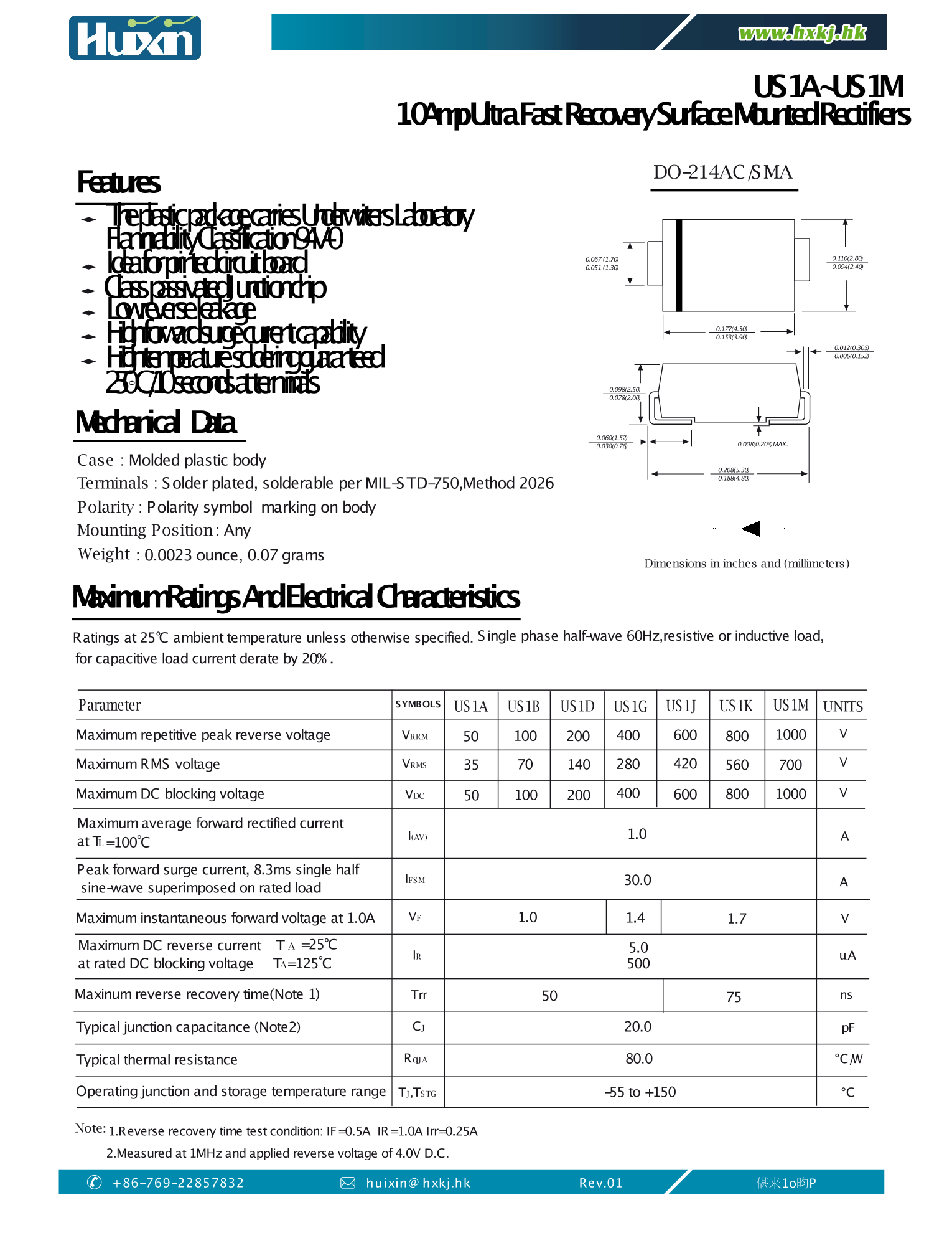 US1M_（HUXN(慧芯））US1M中文资料_价格_PDF手册-立创电子商城
