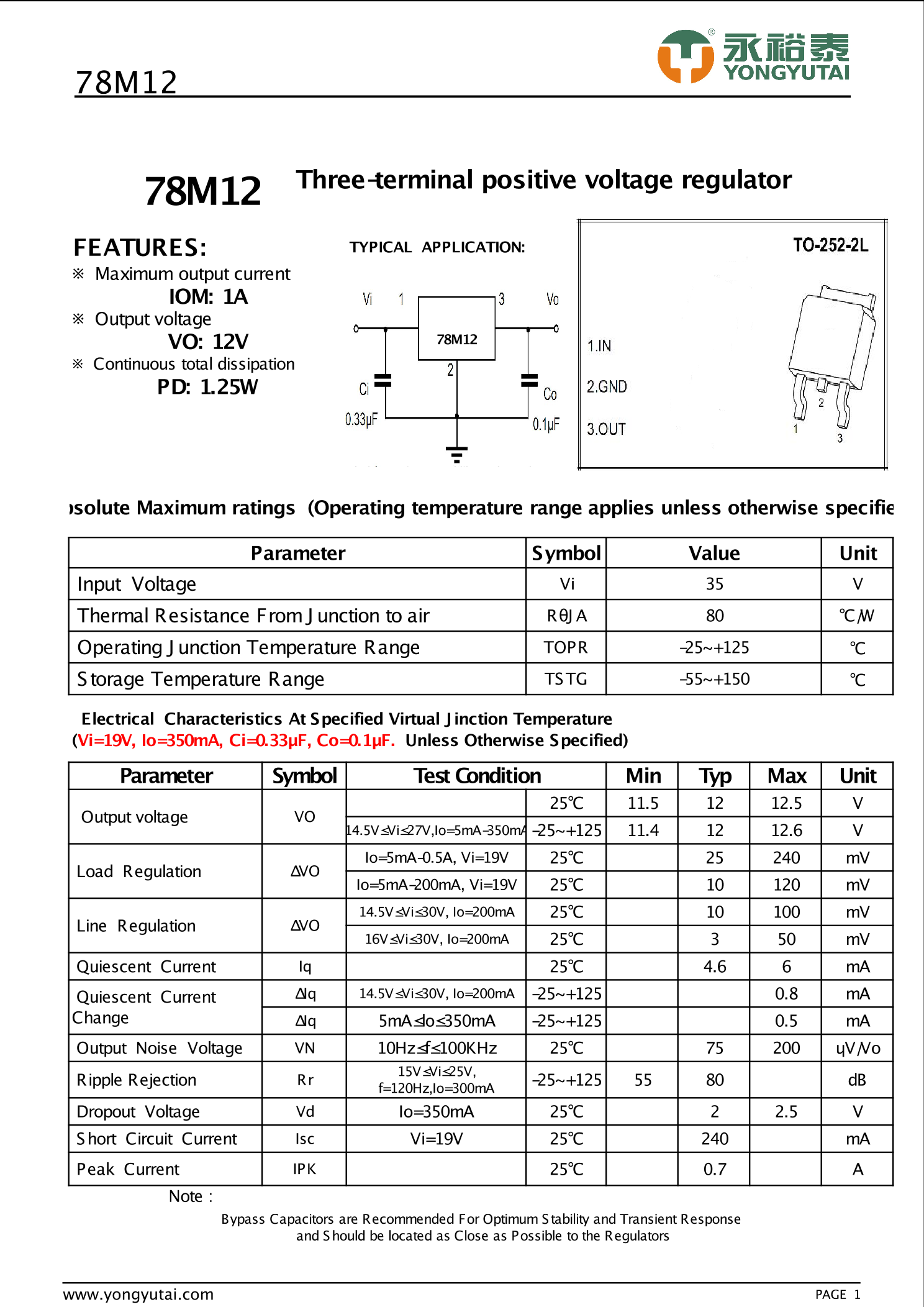 78M12_（YONGYUTAI(永裕泰)）78M12中文资料_价格_PDF手册-立创电子商城