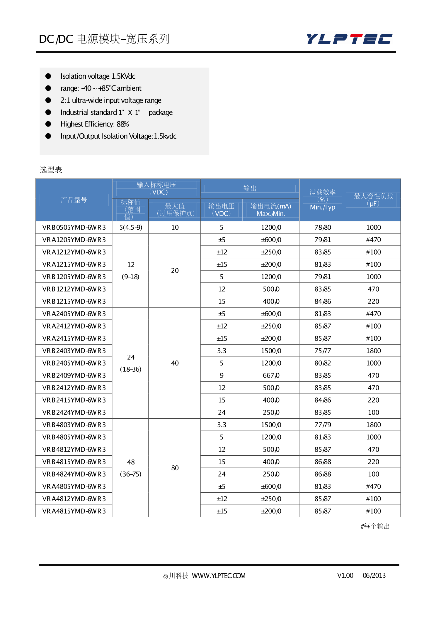 VRB2405YMD-6WR3_（YLPTEC(易川)）VRB2405YMD-6WR3中文资料_价格_PDF手册-立创电子商城