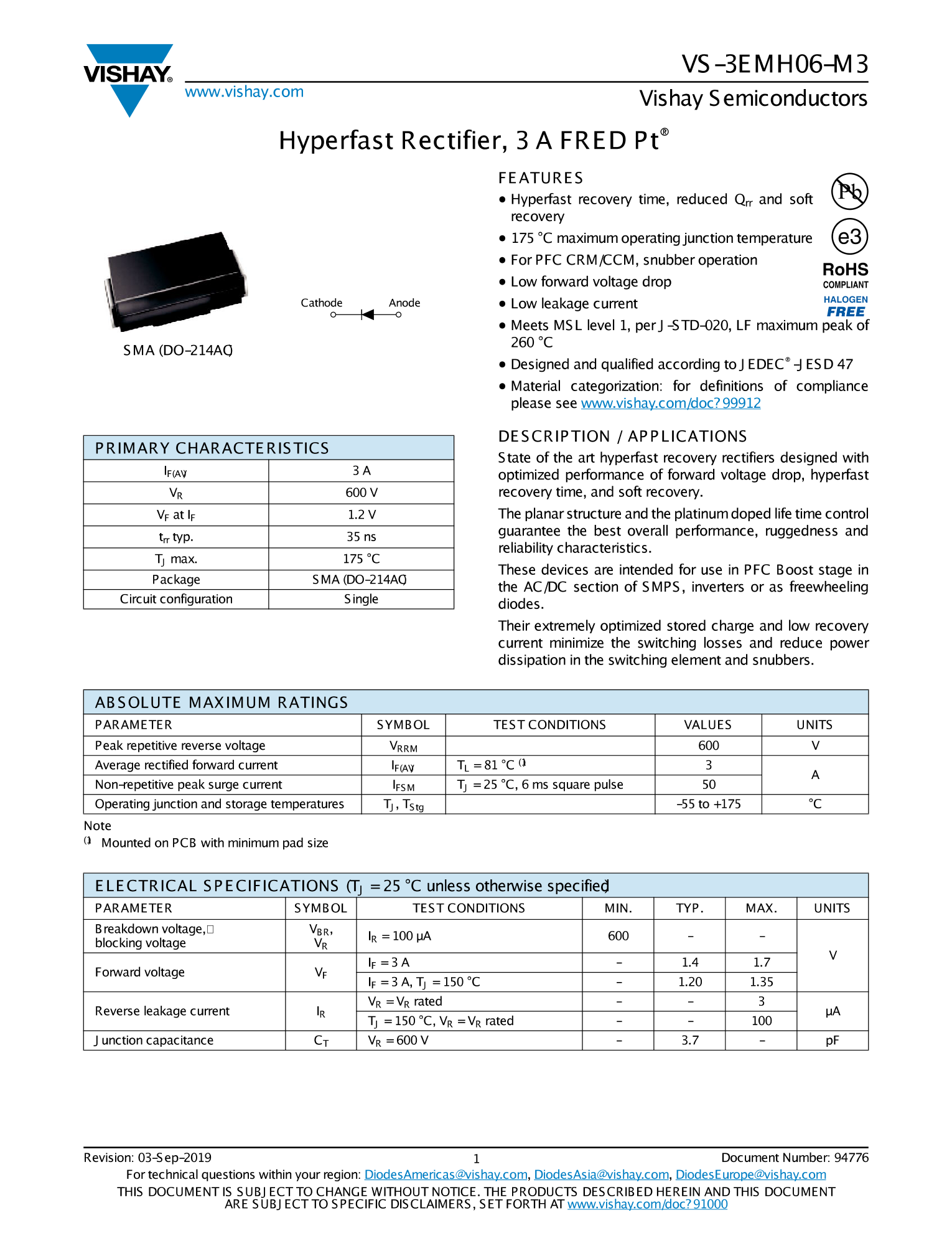 VS-3EMH06-M3/5AT_（VISHAY(威世)）VS-3EMH06-M3/5AT中文资料_价格_PDF手册-立创电子商城