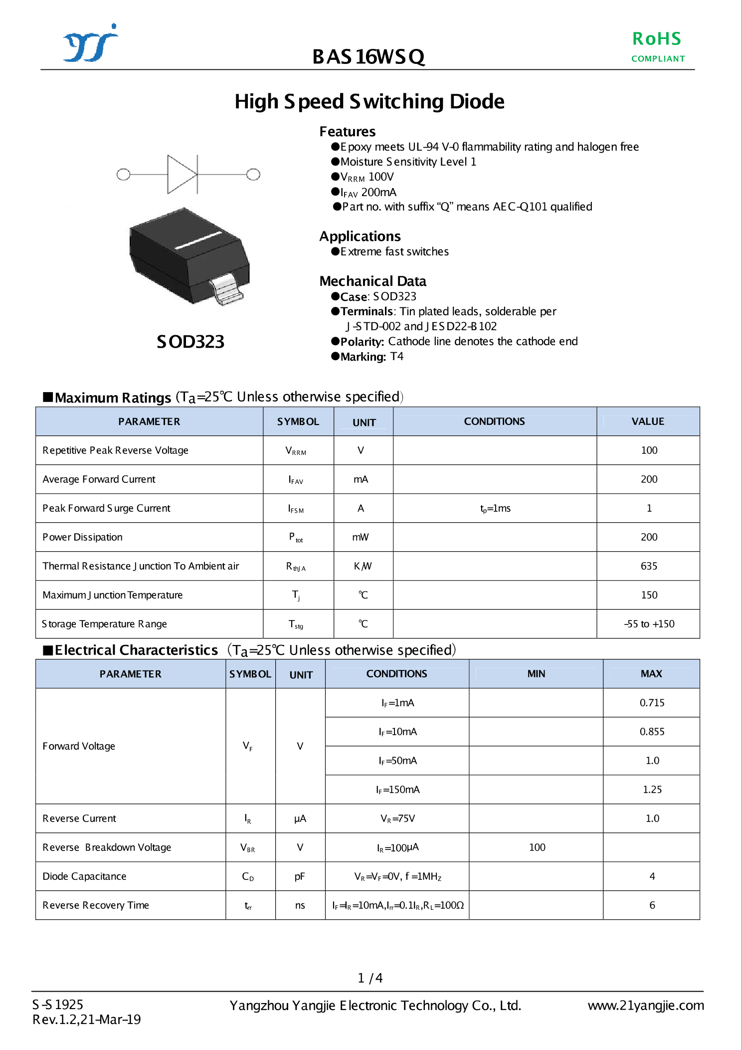 BAS16WSQ_（YANGJIE(扬杰)）BAS16WSQ中文资料_价格_PDF手册-立创电子商城