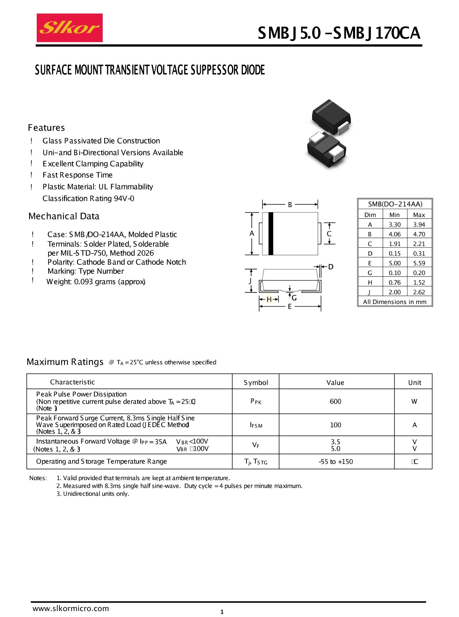 SMBJ6.8CA_（Slkor(萨科微)）SMBJ6.8CA中文资料_价格_PDF手册-立创电子商城