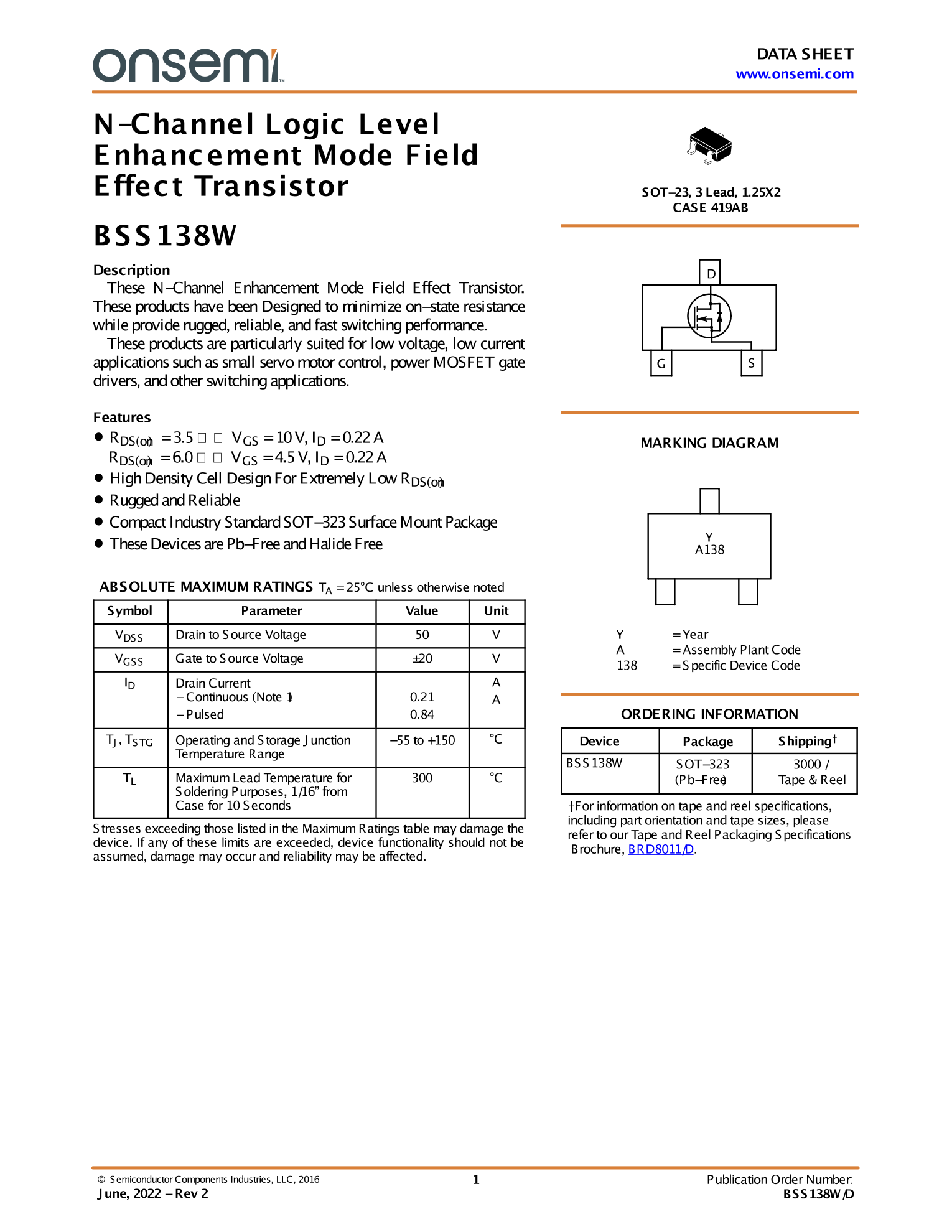 BSS138W_（onsemi(安森美)）BSS138W中文资料_价格_PDF手册-立创电子商城