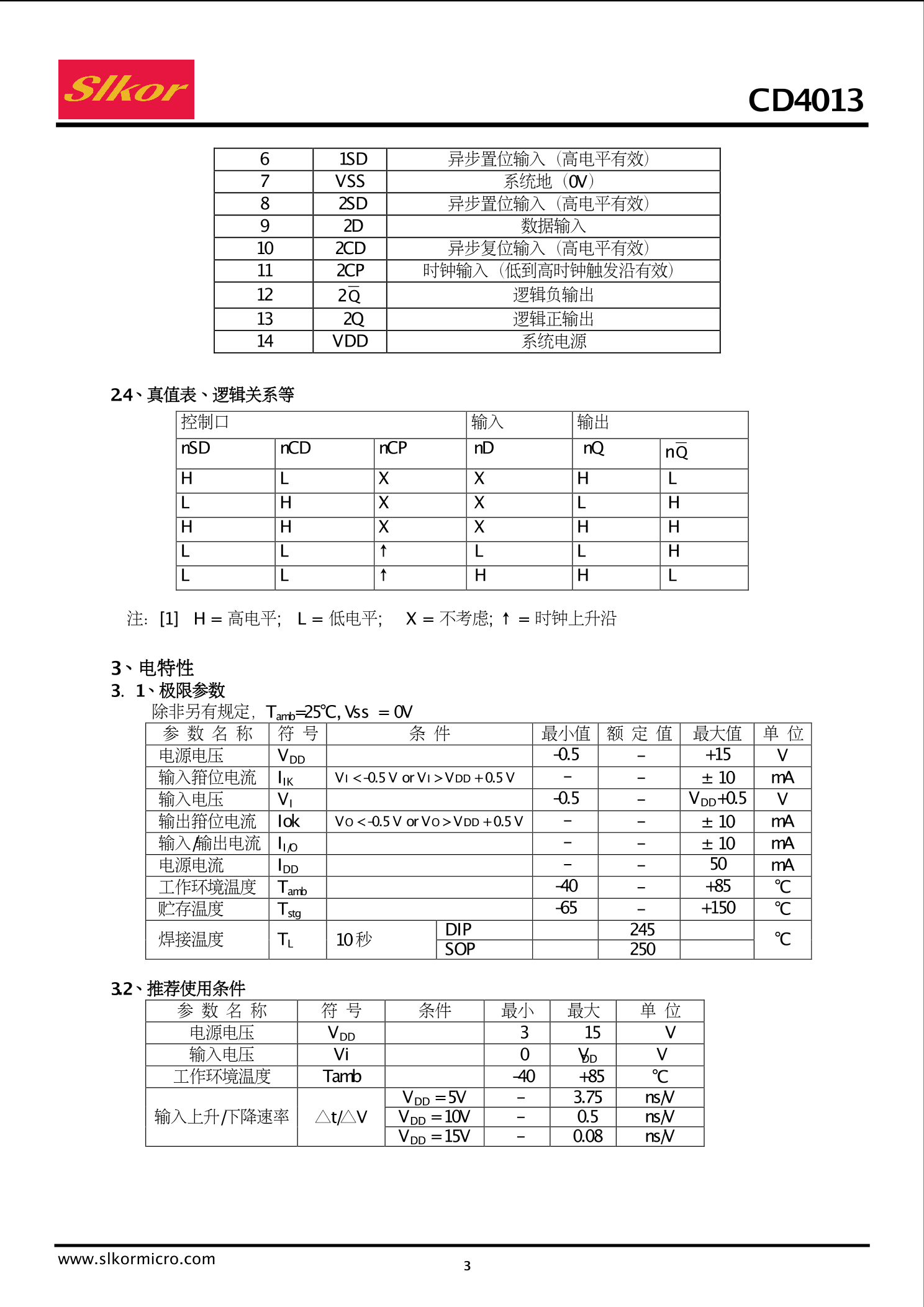 CD4013_（Slkor(萨科微)）CD4013中文资料_价格_PDF手册-立创电子商城