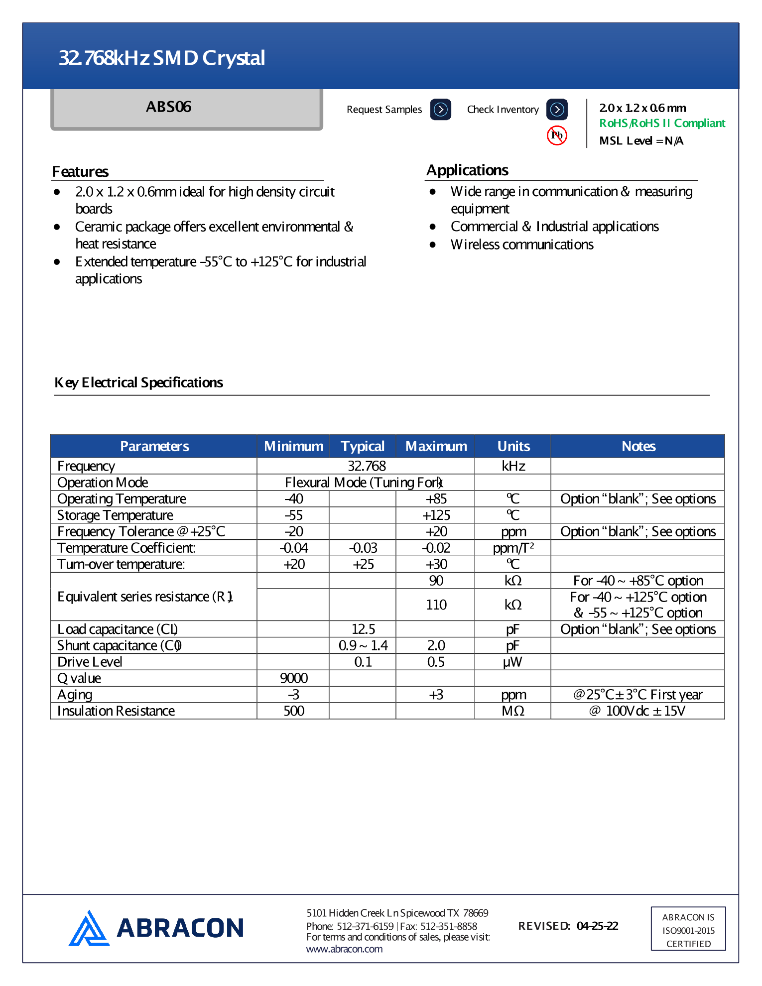ABS06-32.768KHZ-6-1-T_（ABRACON）ABS06-32.768KHZ-6-1-T中文资料_价格_PDF手册-立创电子商城