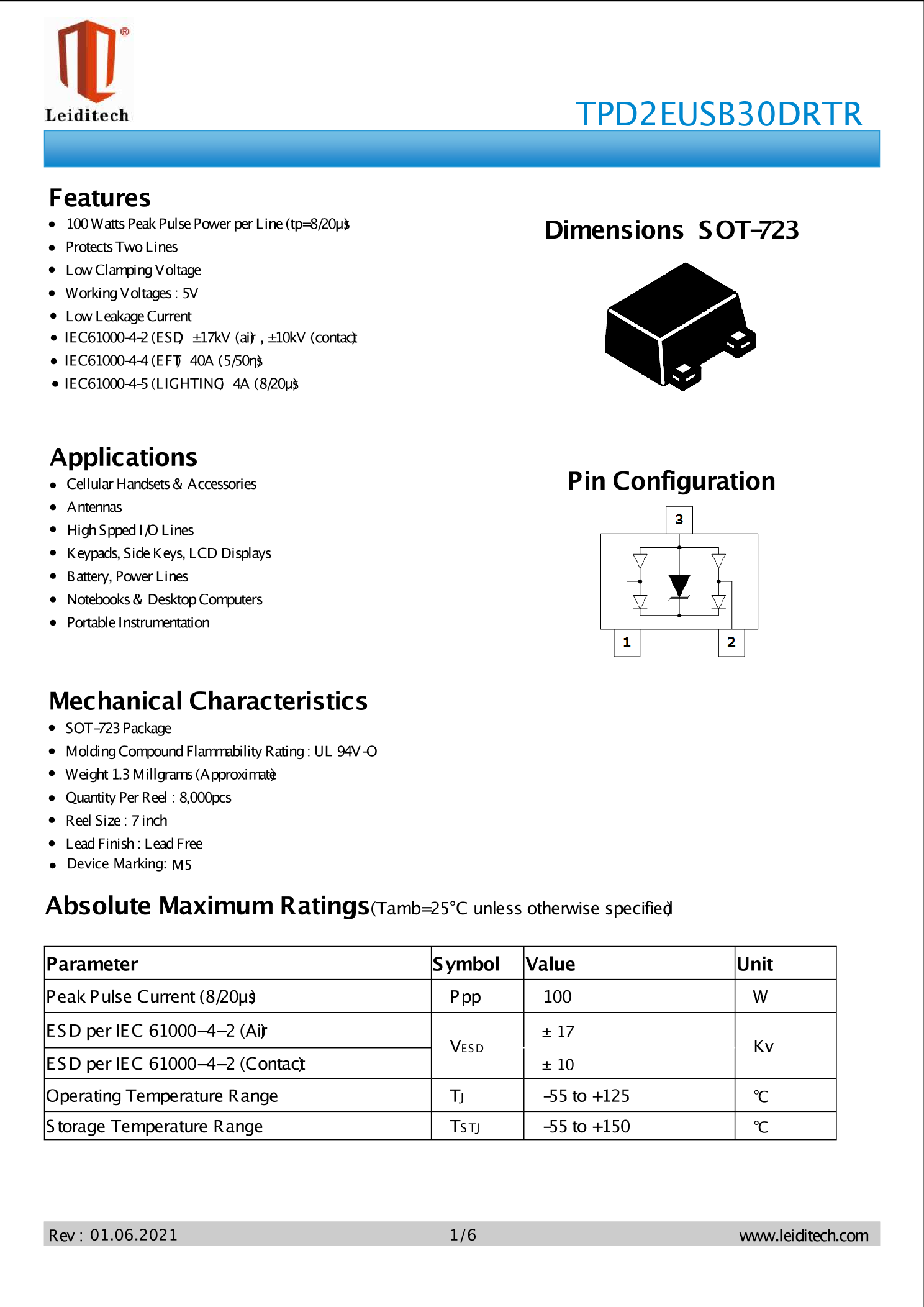 TPD2EUSB30DRTR_（Leiditech(雷卯电子)）TPD2EUSB30DRTR中文资料_价格_PDF手册-立创电子商城
