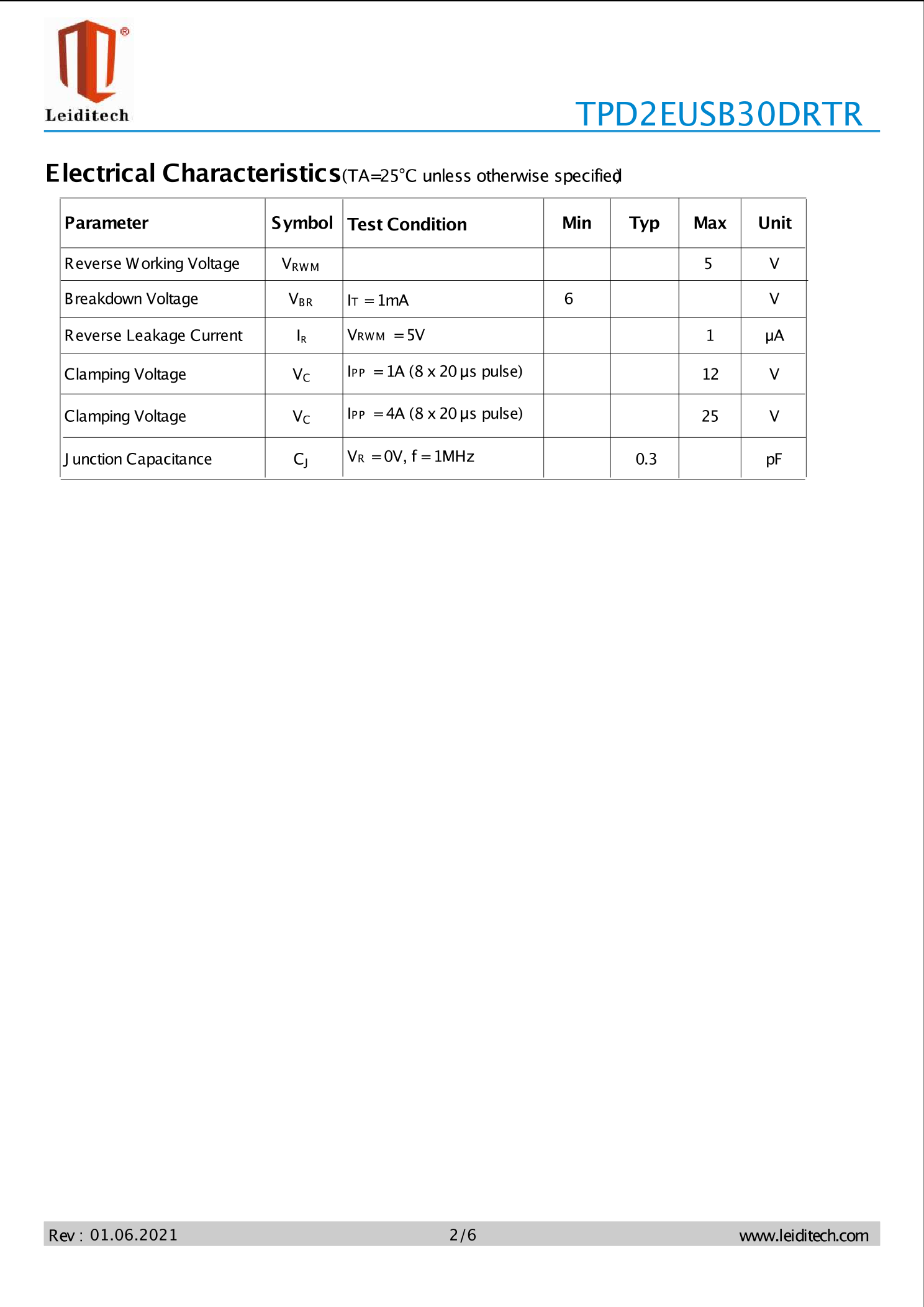 TPD2EUSB30DRTR_（Leiditech(雷卯电子)）TPD2EUSB30DRTR中文资料_价格_PDF手册-立创电子商城