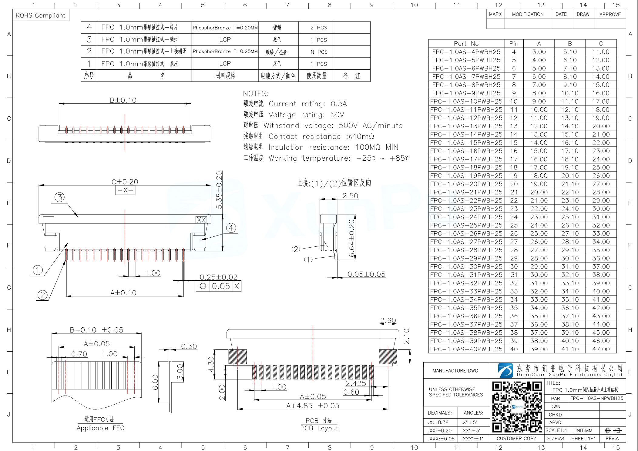FPC-1.0AS-10PWBH25_（XUNPU(讯普)）FPC-1.0AS-10PWBH25中文资料_价格_PDF手册-立创电子商城