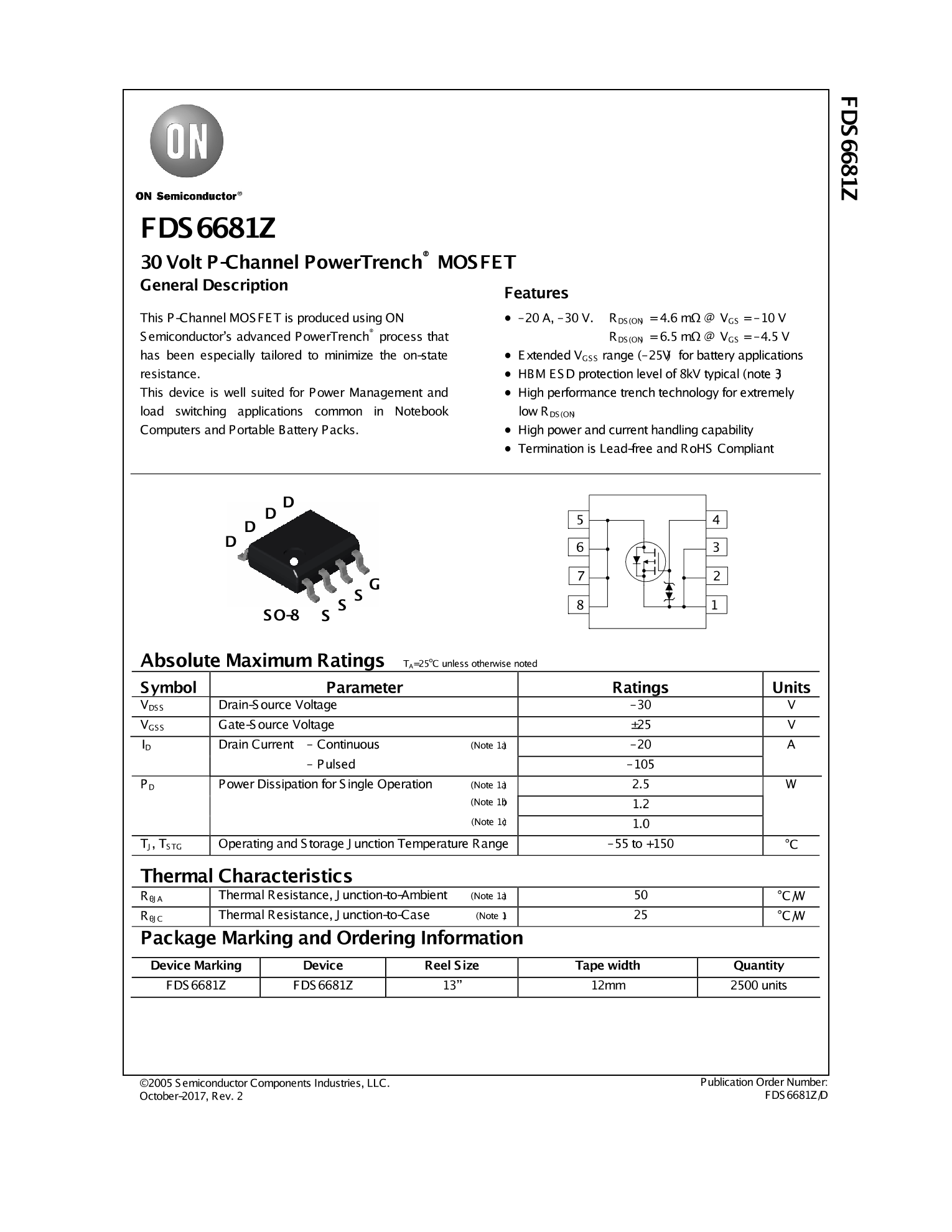 FDS6681Z_（onsemi(安森美)）FDS6681Z中文资料_价格_PDF手册-立创电子商城