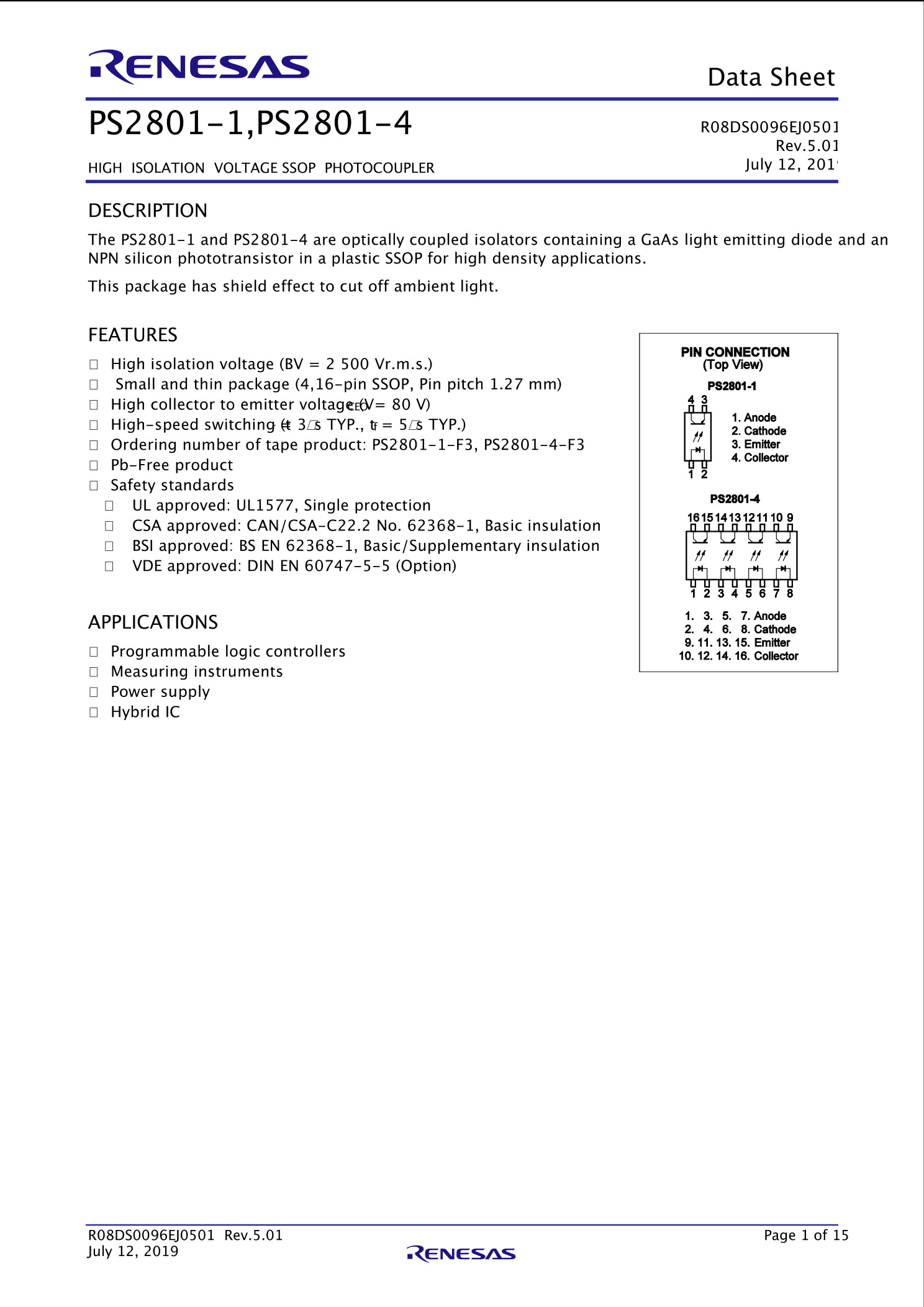 PS2801-1-F3-A/L_（RENESAS(瑞萨)/IDT）PS2801-1-F3-A/L中文资料_价格_PDF手册-立创电子商城