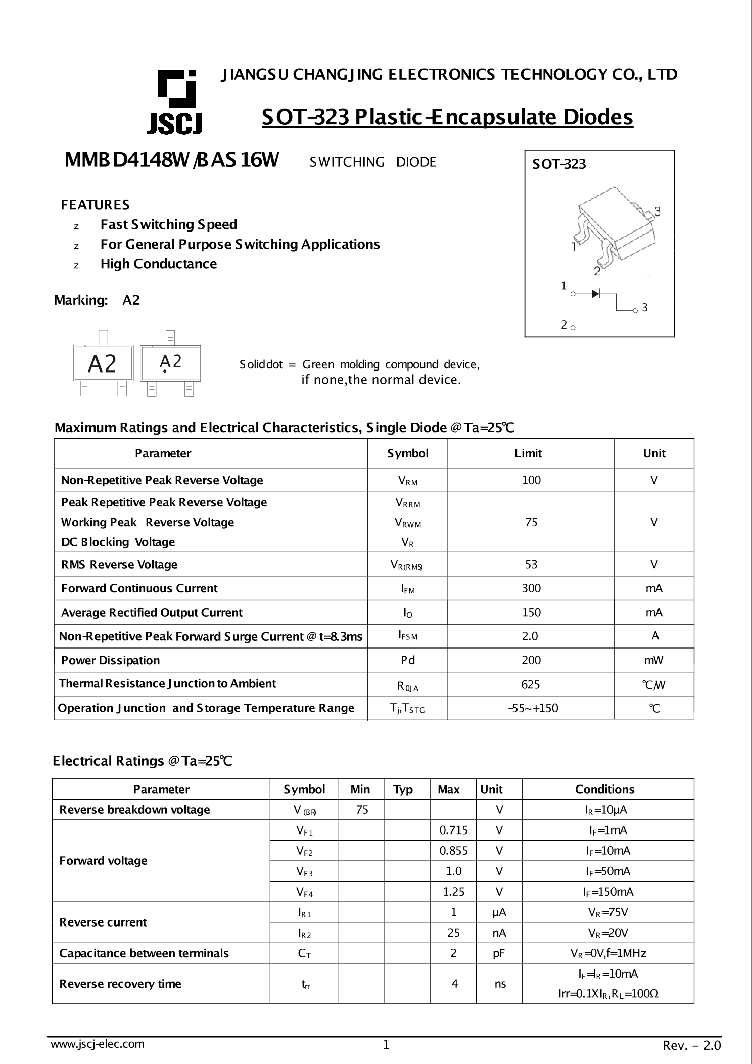 BAS16W_（CJ(江苏长电/长晶)）BAS16W中文资料_价格_PDF手册-立创电子商城