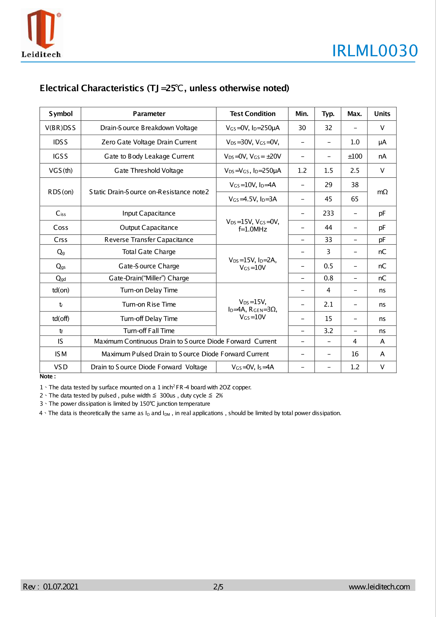 IRLML0030_（Leiditech(雷卯电子)）IRLML0030中文资料_价格_PDF手册-立创电子商城