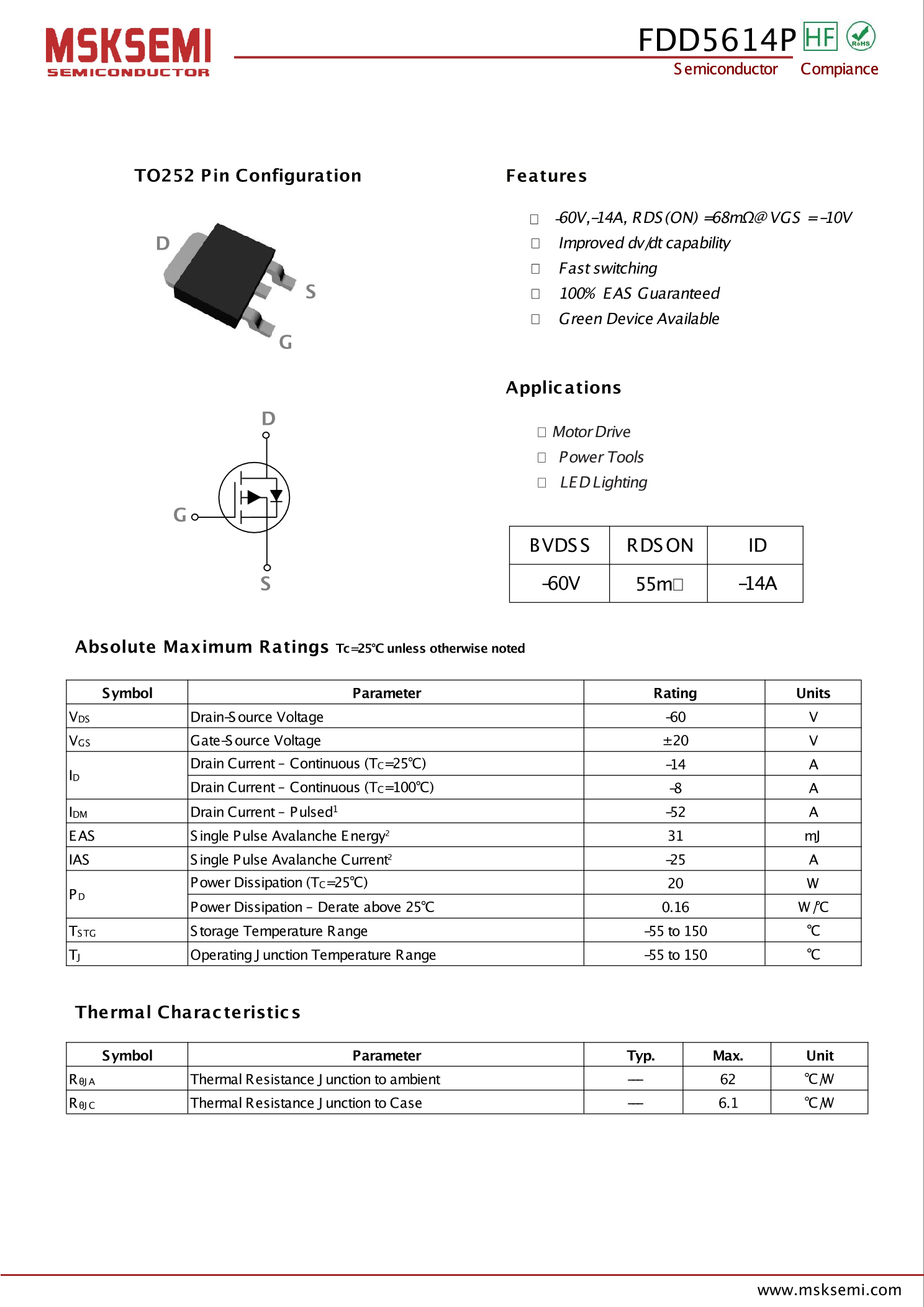FDD5614P_（MSKSEMI(美森科)）FDD5614P中文资料_价格_PDF手册-立创电子商城