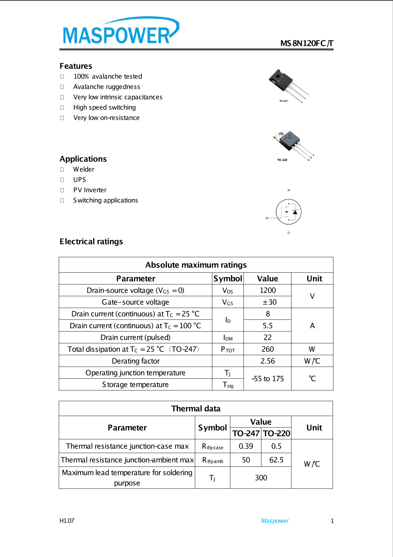 MS8N120FC_（MASPOWER(麦思浦)）MS8N120FC中文资料_价格_PDF手册-立创电子商城